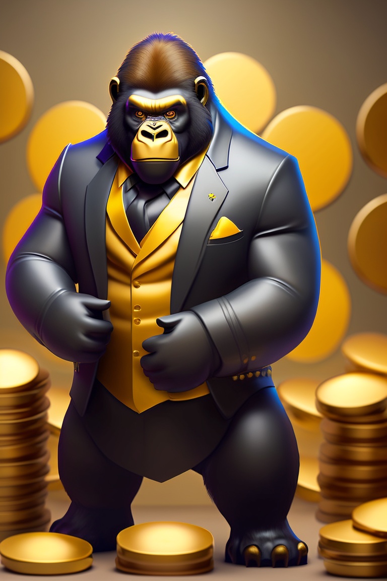 Lexica - Gorilla, dressed up with suit, surrounded with gold coins