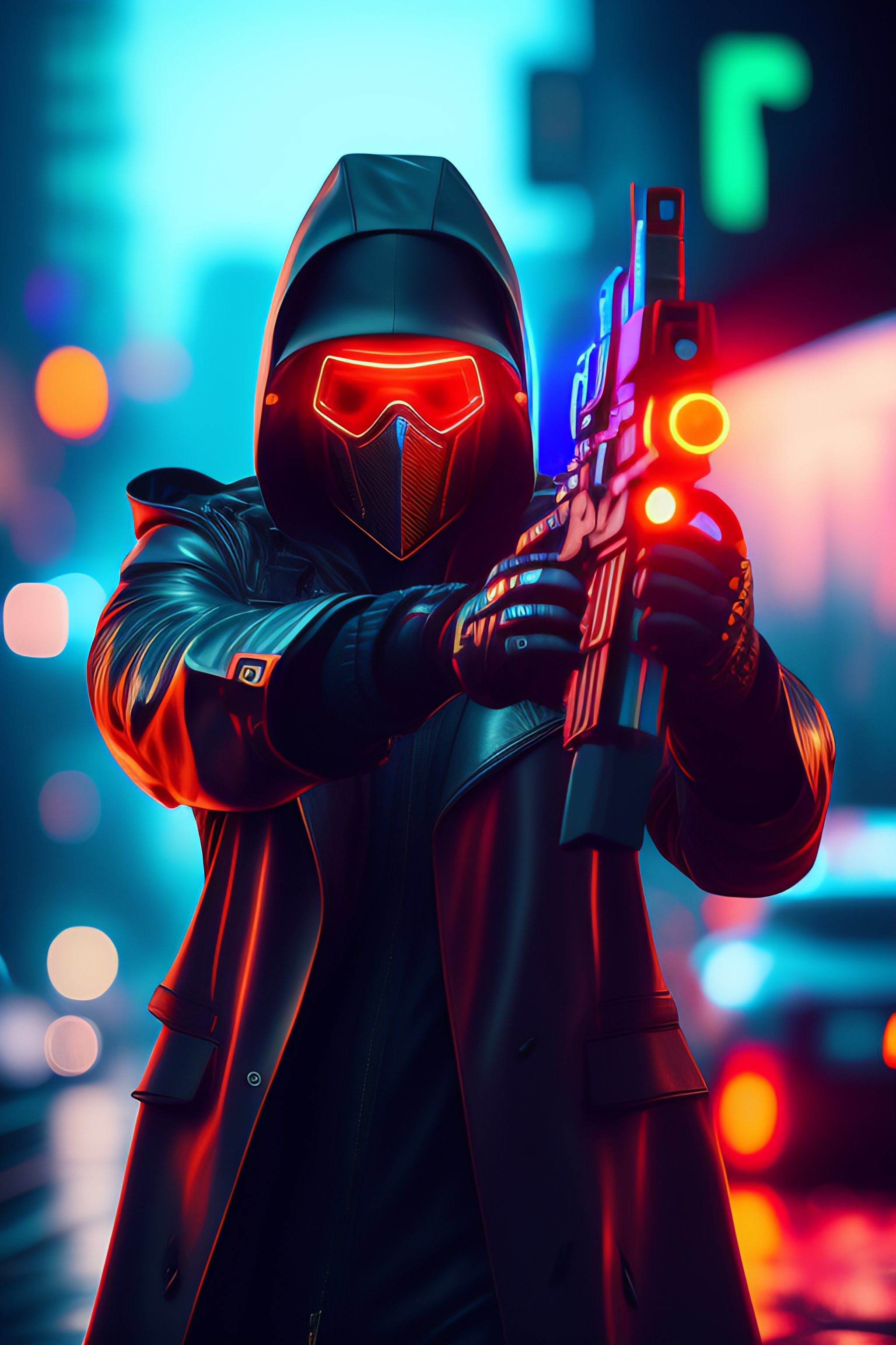 Lexica - Futeristic cyberpunk masked assassin, shooting gun, heavy rain ...