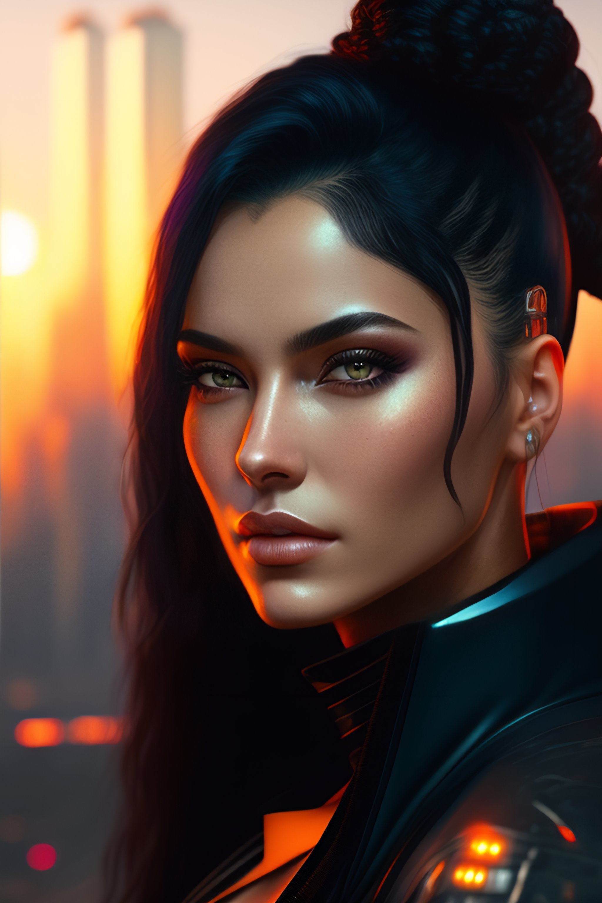 Lexica - Closeup portrait of a young beautiful cyberpunk woman, mirror eye implants, black hair ...