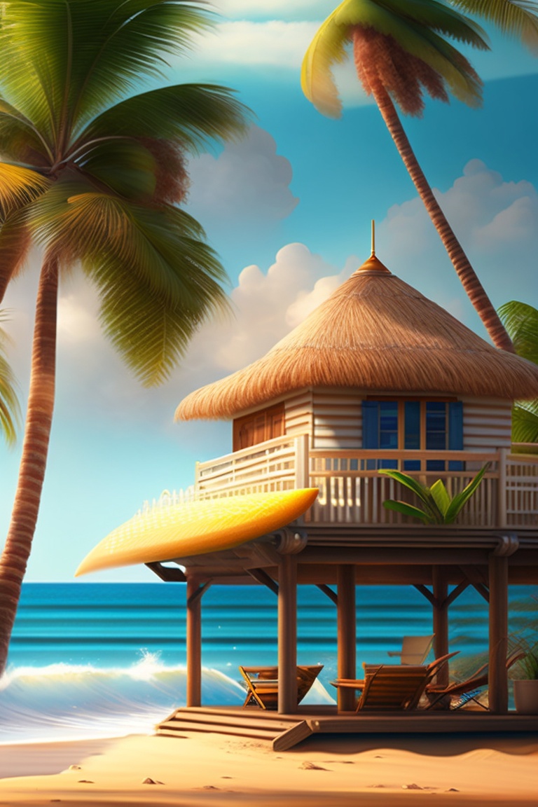 Lexica - A beach house, with a surf board, coconut trees, waves