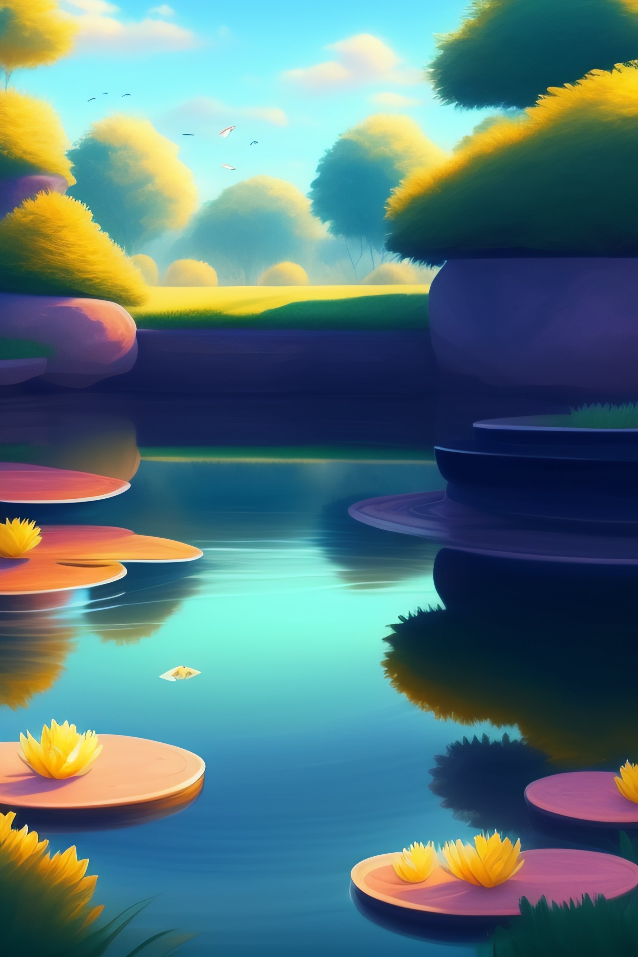 Lexica - View of gorgeous pond with happy black girl sitting by the ...