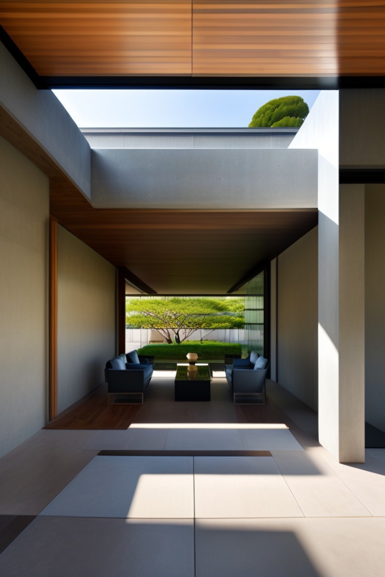 Lexica - Tadao ando, architect, living room, dining, open sky, courtyard