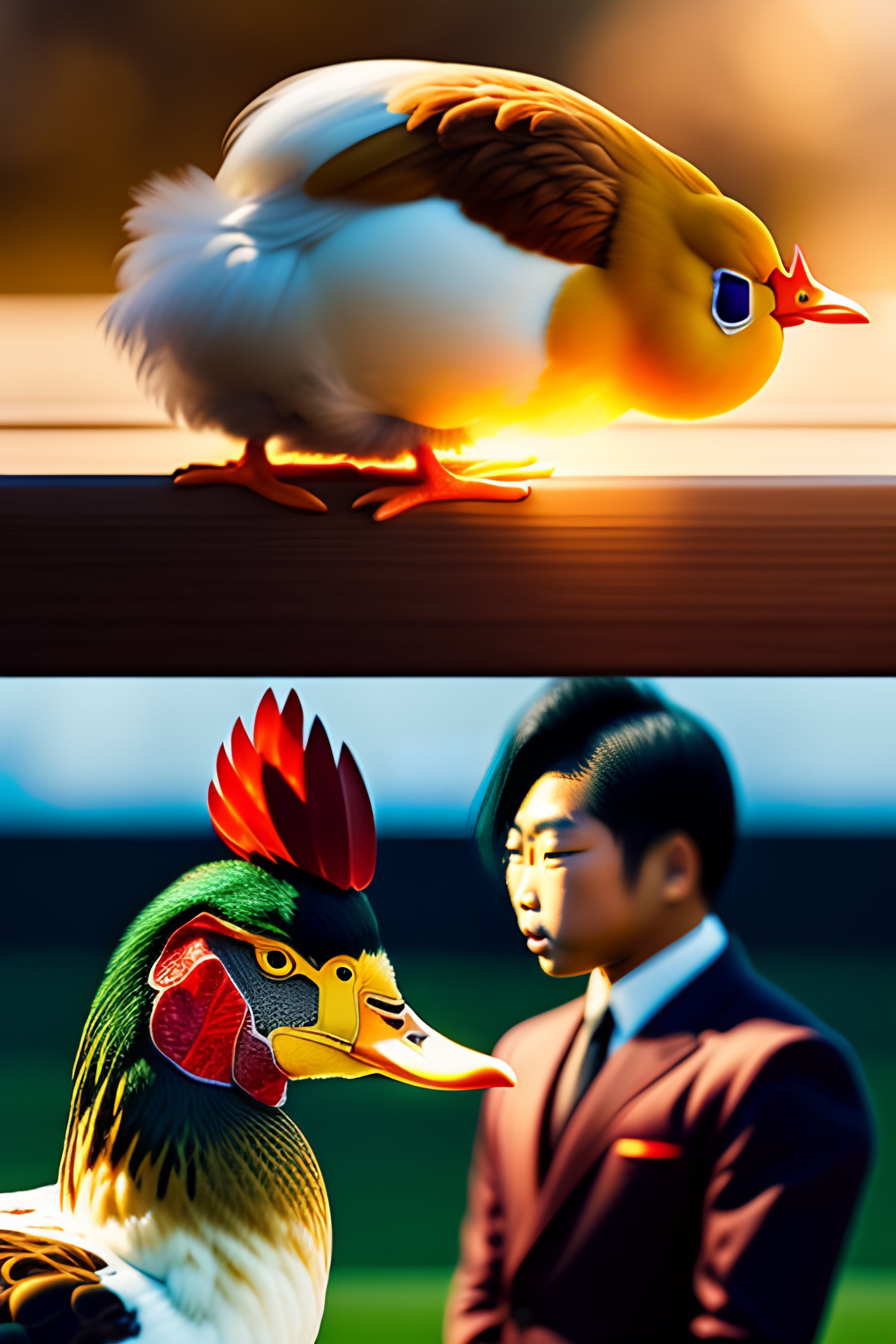 Lexica - A chicken and a duck with godlike powers fighting in anime