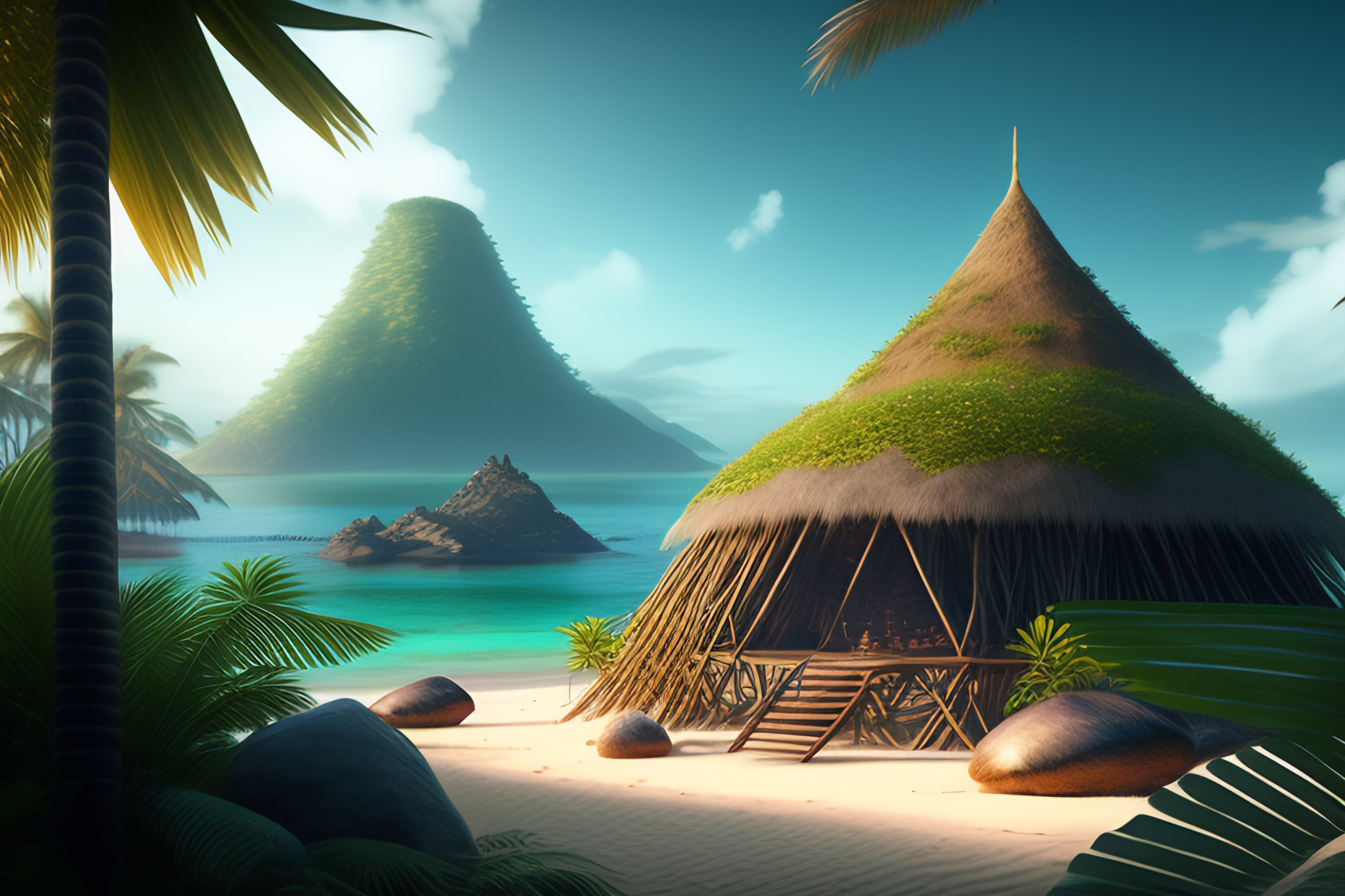 Lexica - Giant elven amerindian hut bamboo on tropical island beach ...