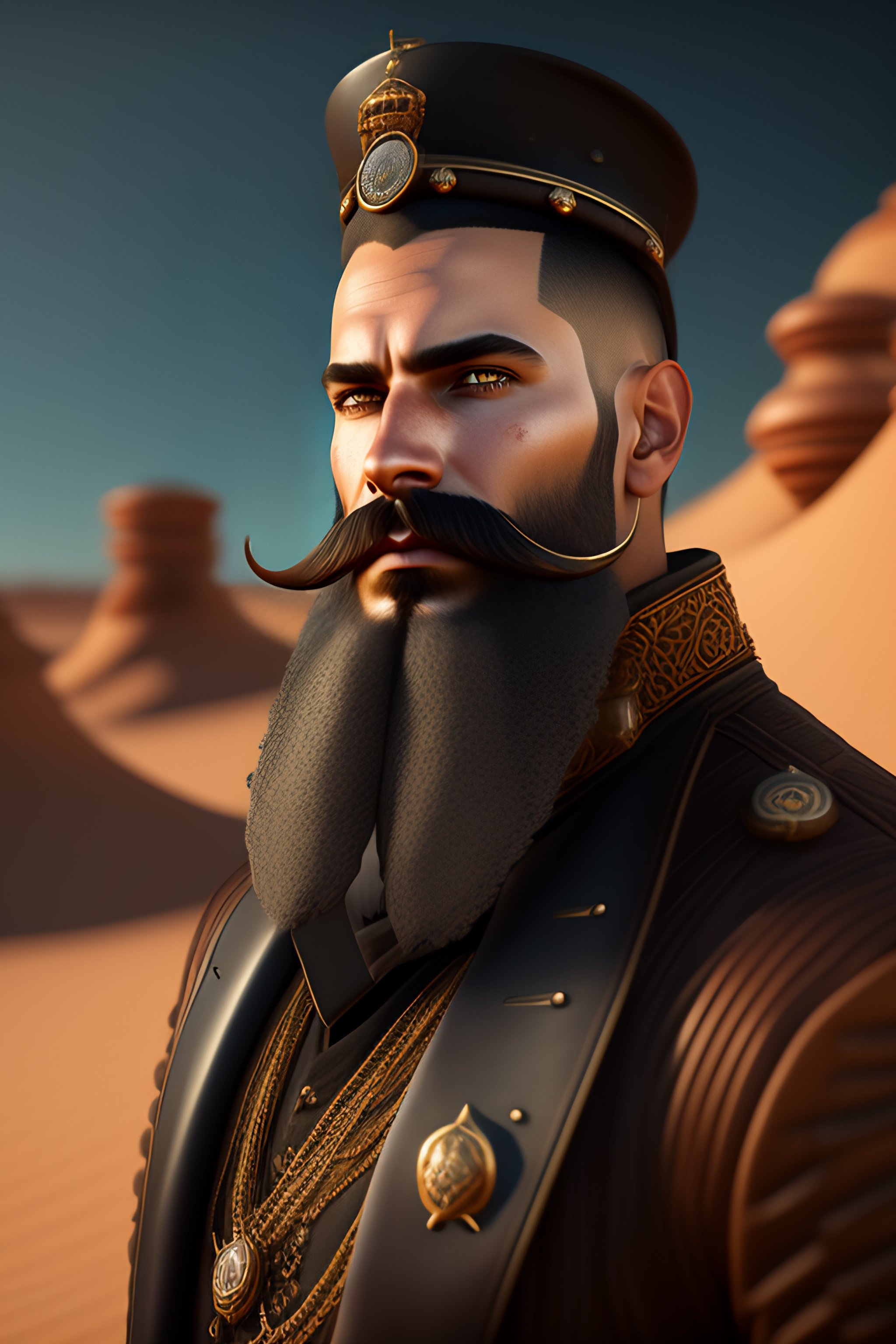 Lexica - Steampunk, man, moustache, beard, desert, unreal engine ...