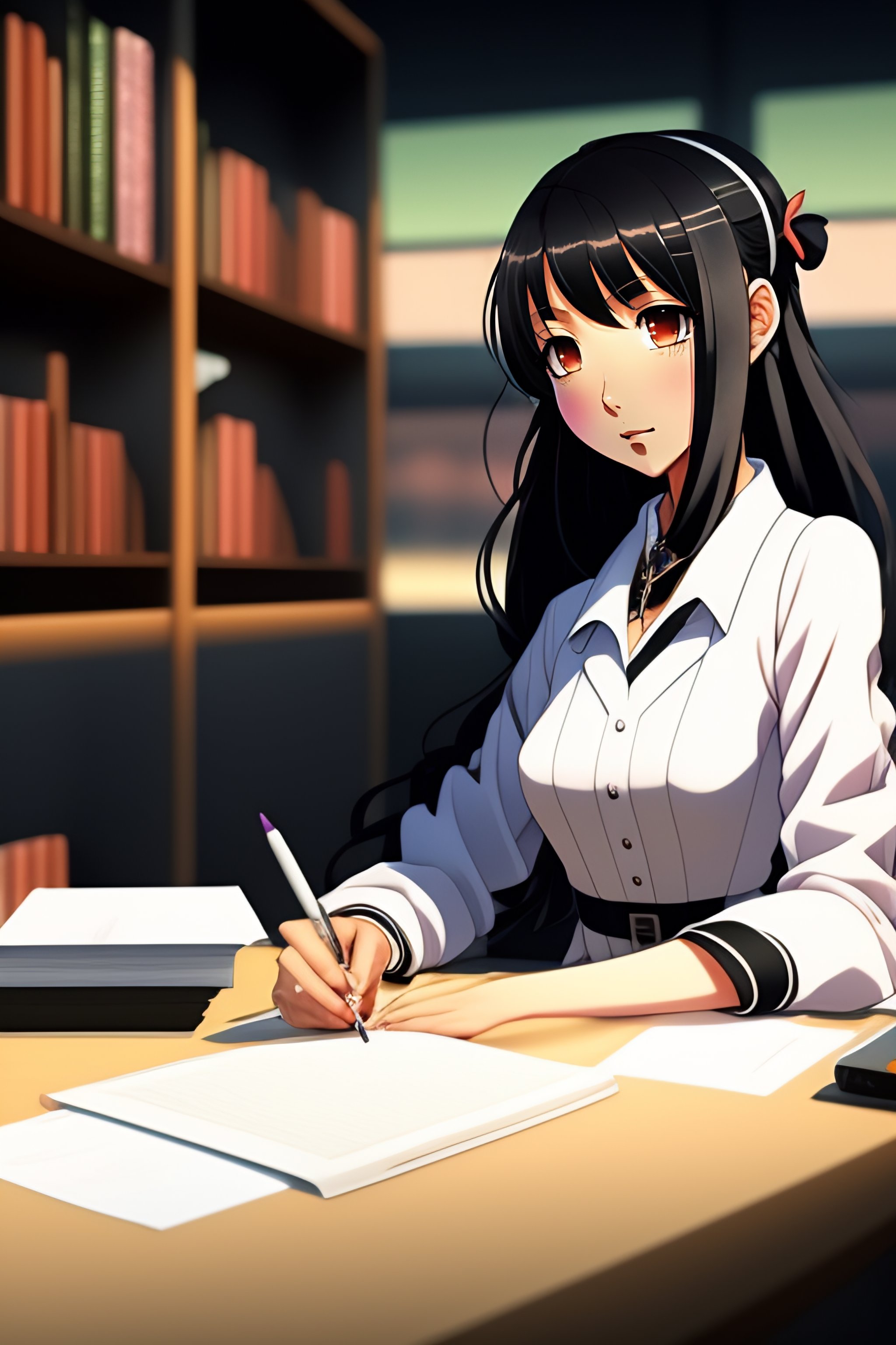 Lexica - An anime girl sits at a desk, surrounded by books and notes ...