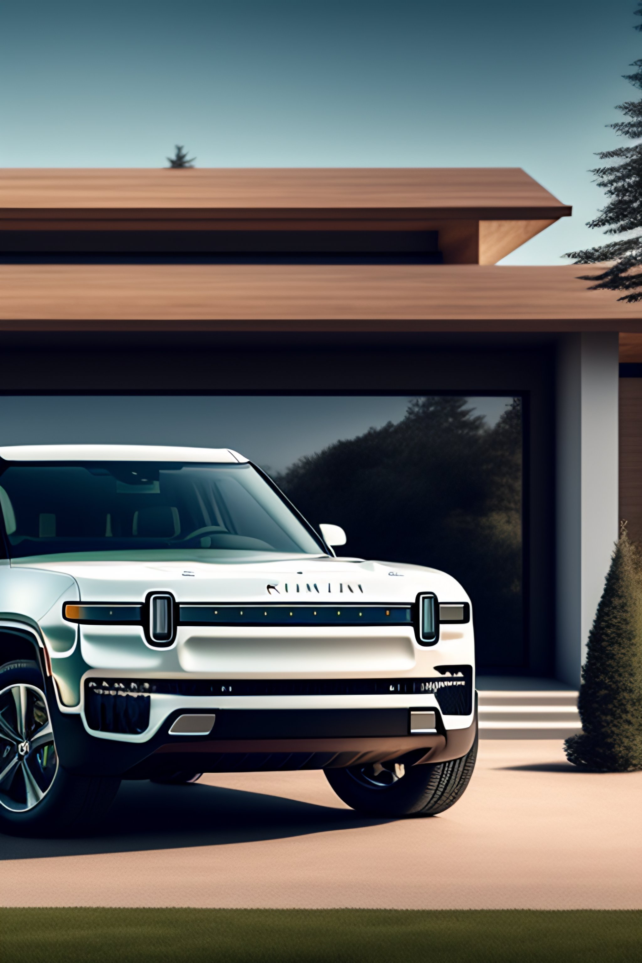 Lexica - Rivian SUV charging outside a traditional USA suburban home
