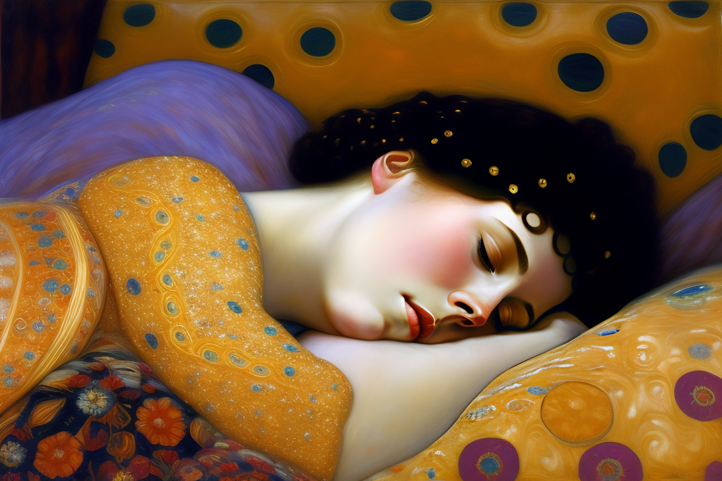Lexica - Prince kissing princess in bed,by Gustav Klimt