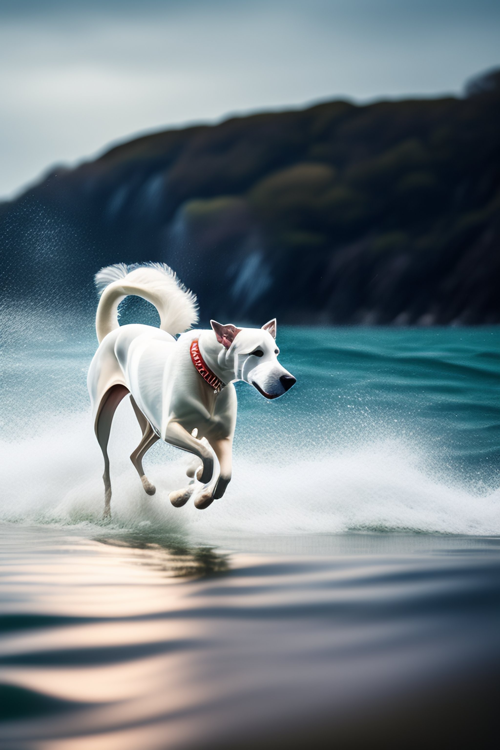 Lexica - Photo of a white greyhound swimming on the sea