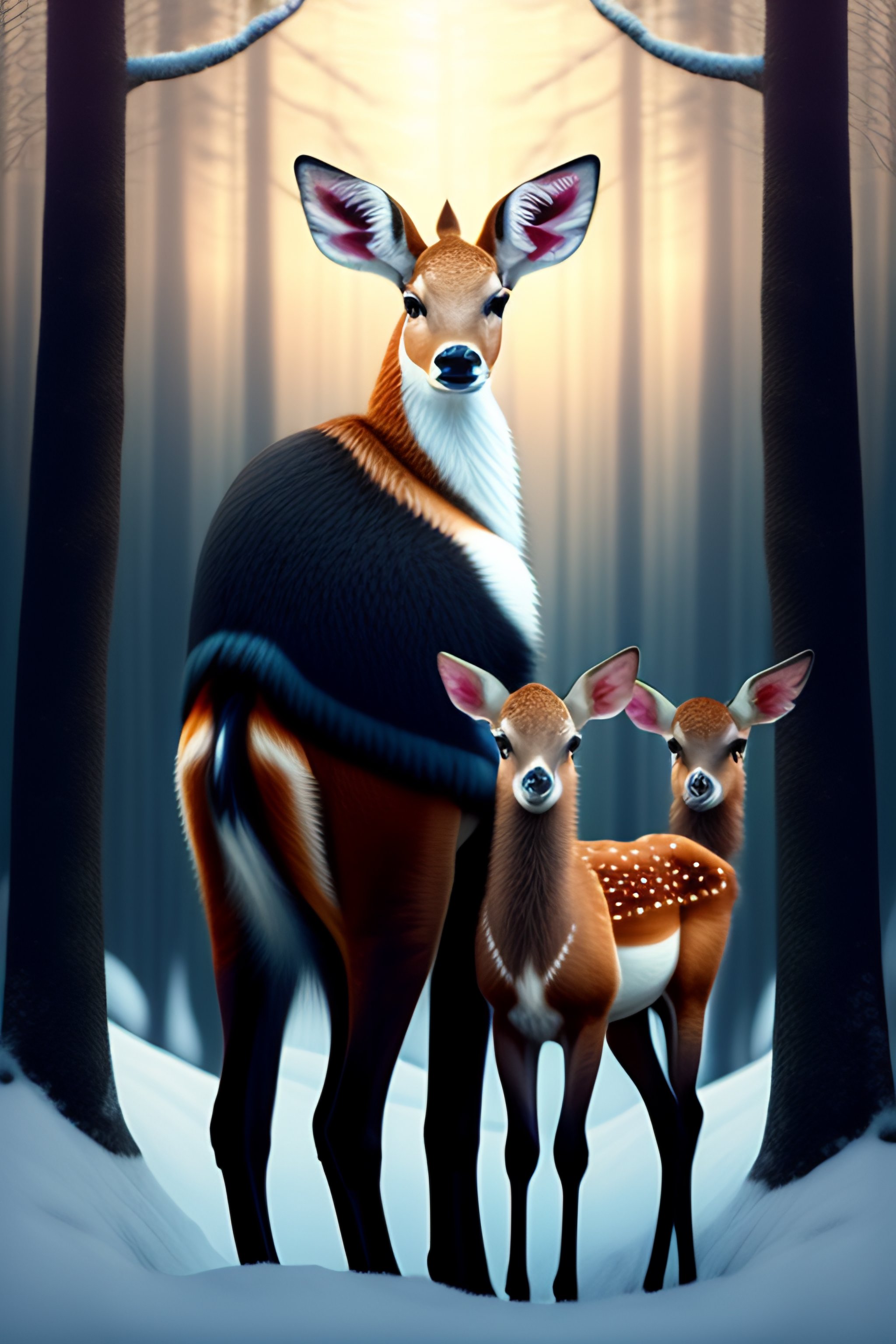 Lexica - Twin girls and fawn in moonlit snowy forest by Ray Caesar