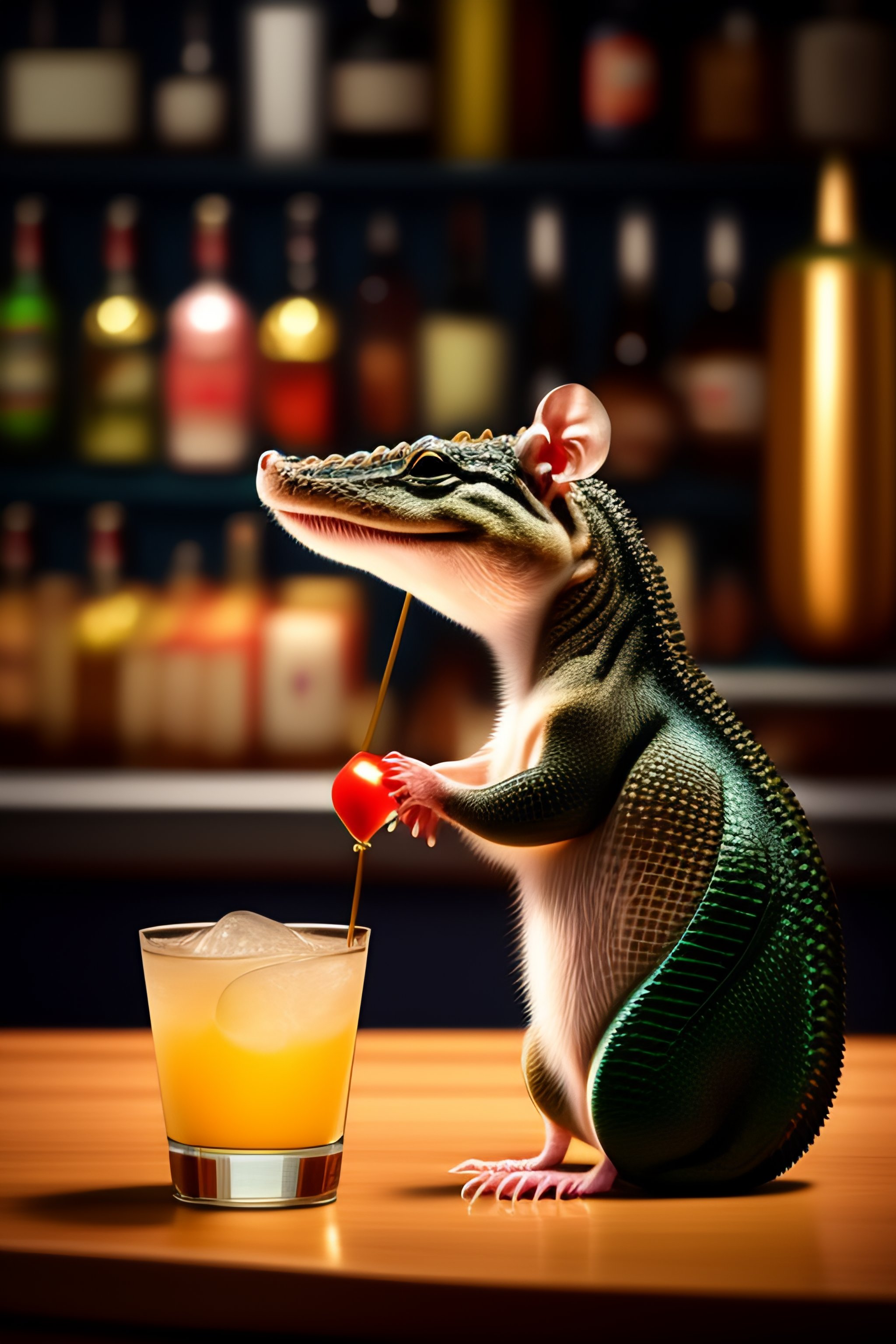 Lexica - An alligator hybrid bartending rat serving cocktails