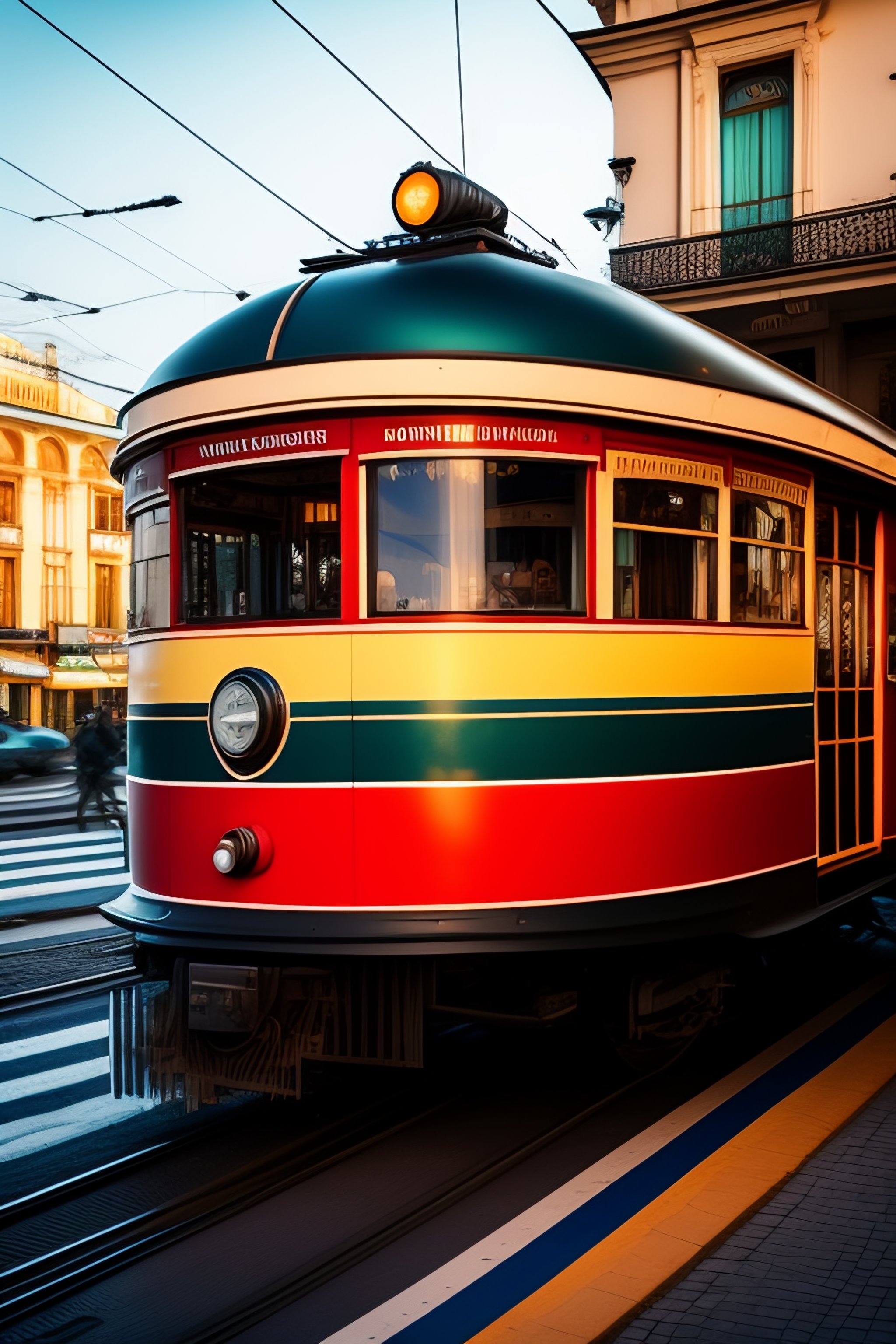 Lexica - Russian tram on the street near cafe sunset