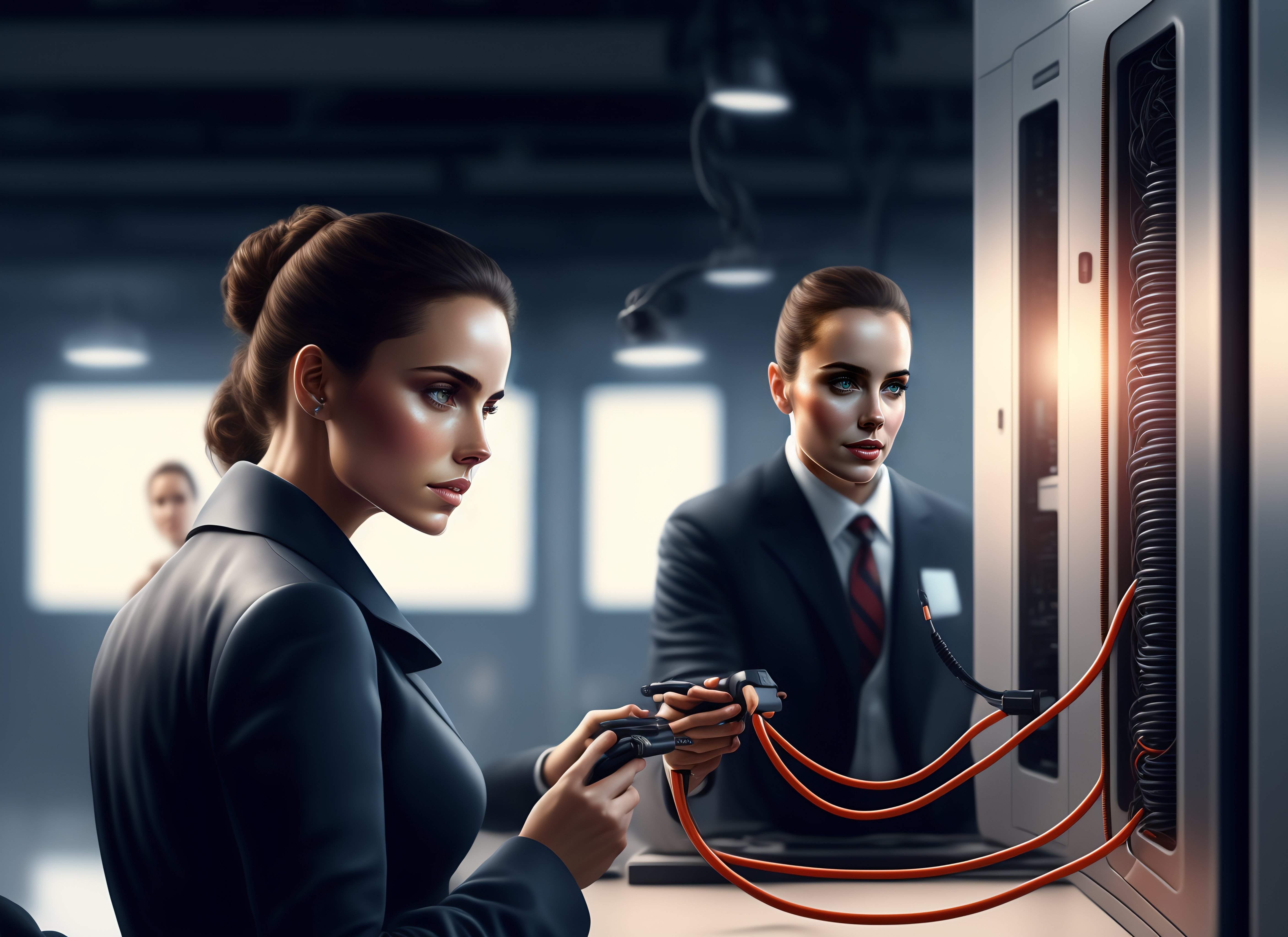 Lexica - Illustration an it guy who is plugging a girl through cables ...