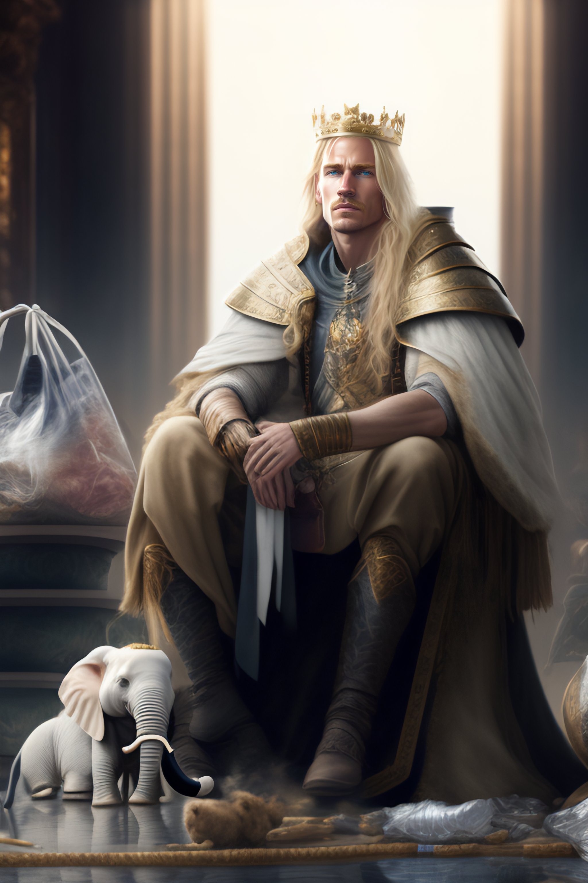 Lexica - A portrait of a blond hobo, as a king, dressed all white ...