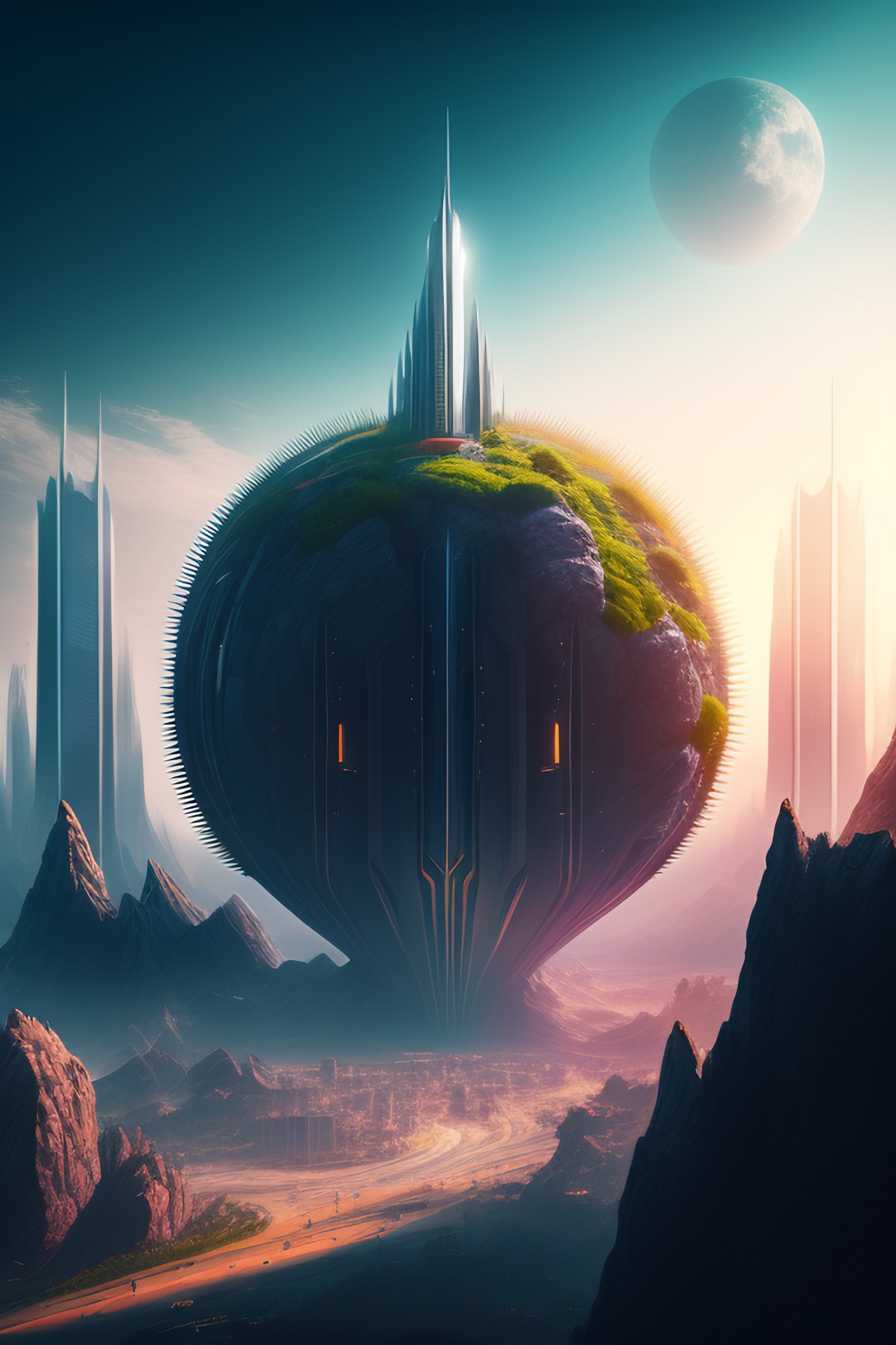 Lexica - A giant scary spiky marble in the middle of a futuristic city ...