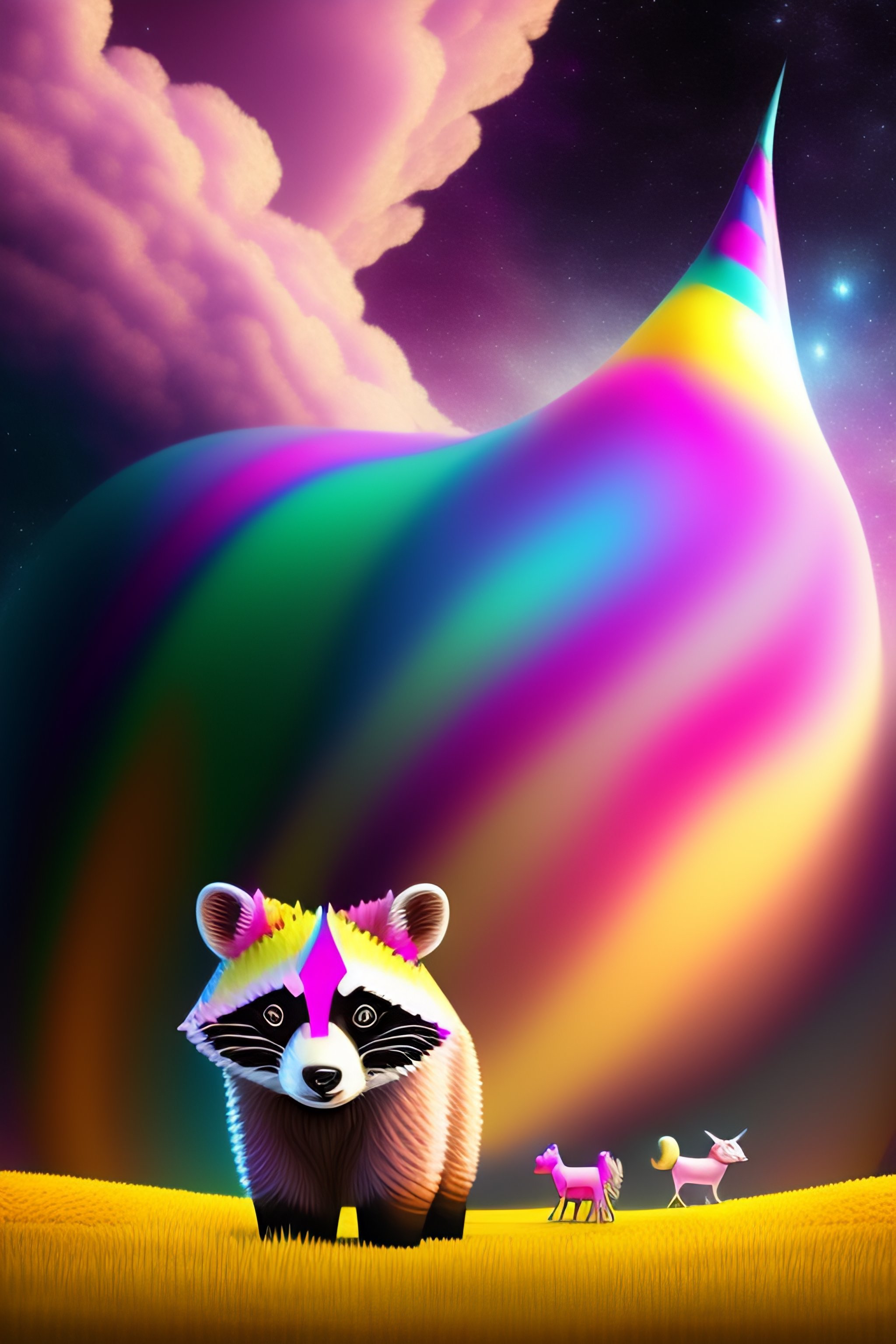 Lexica - Pink raccoon, white unicorn with wings, yellow brick road ...