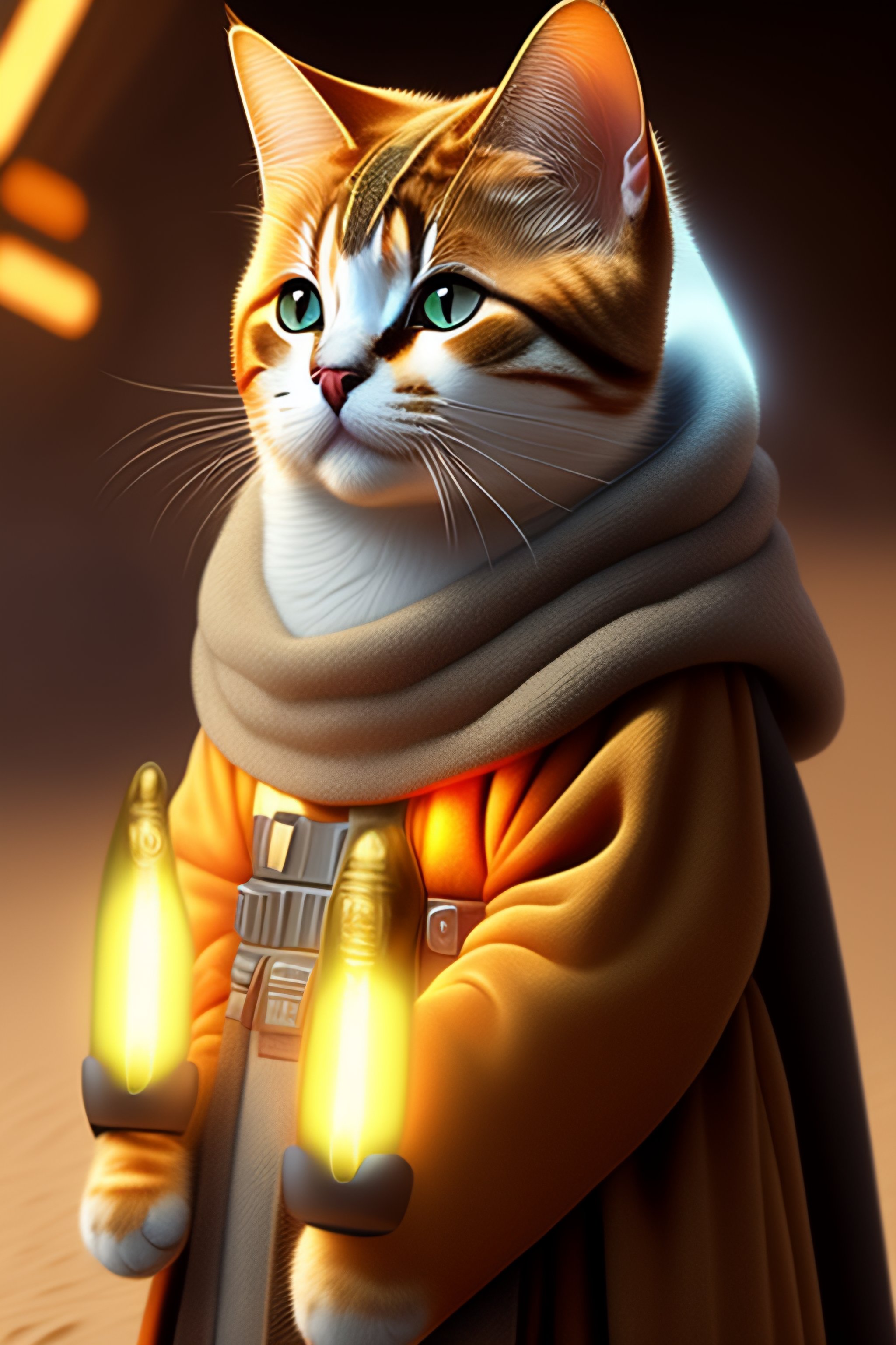 Lexica - Cute cat dressed as jedi, on Tatooine, episode 4, with ...