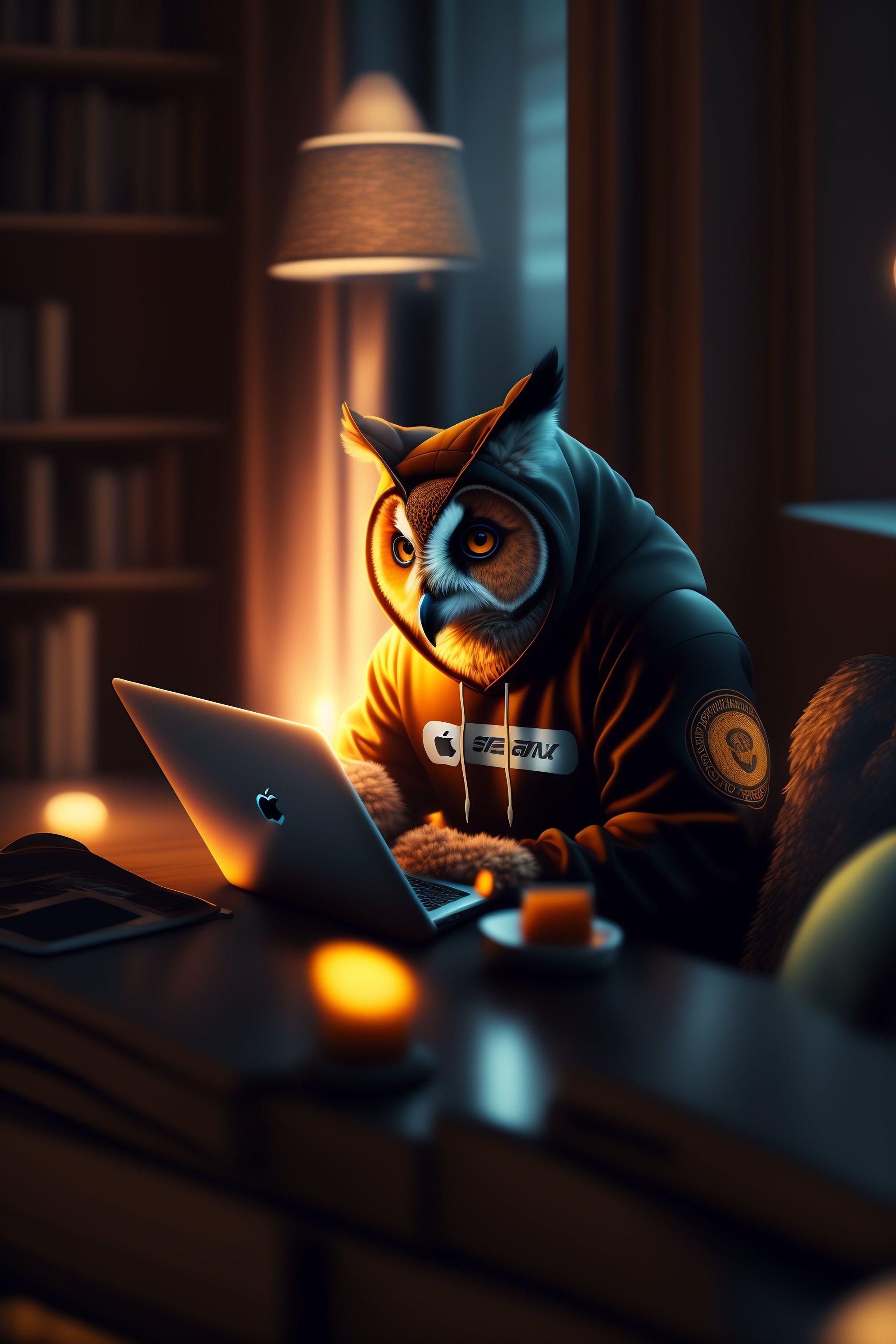 Lexica - An owl coding late at night, with hoodie, macbook, ultra ...