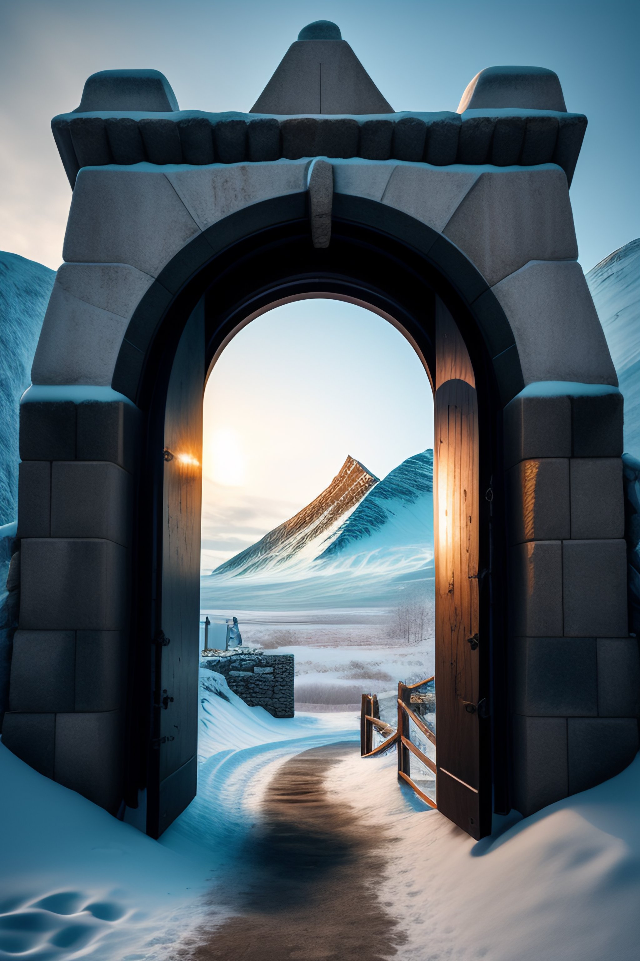 Lexica - Big frozen medieval gate with runic scriptures in the mountain