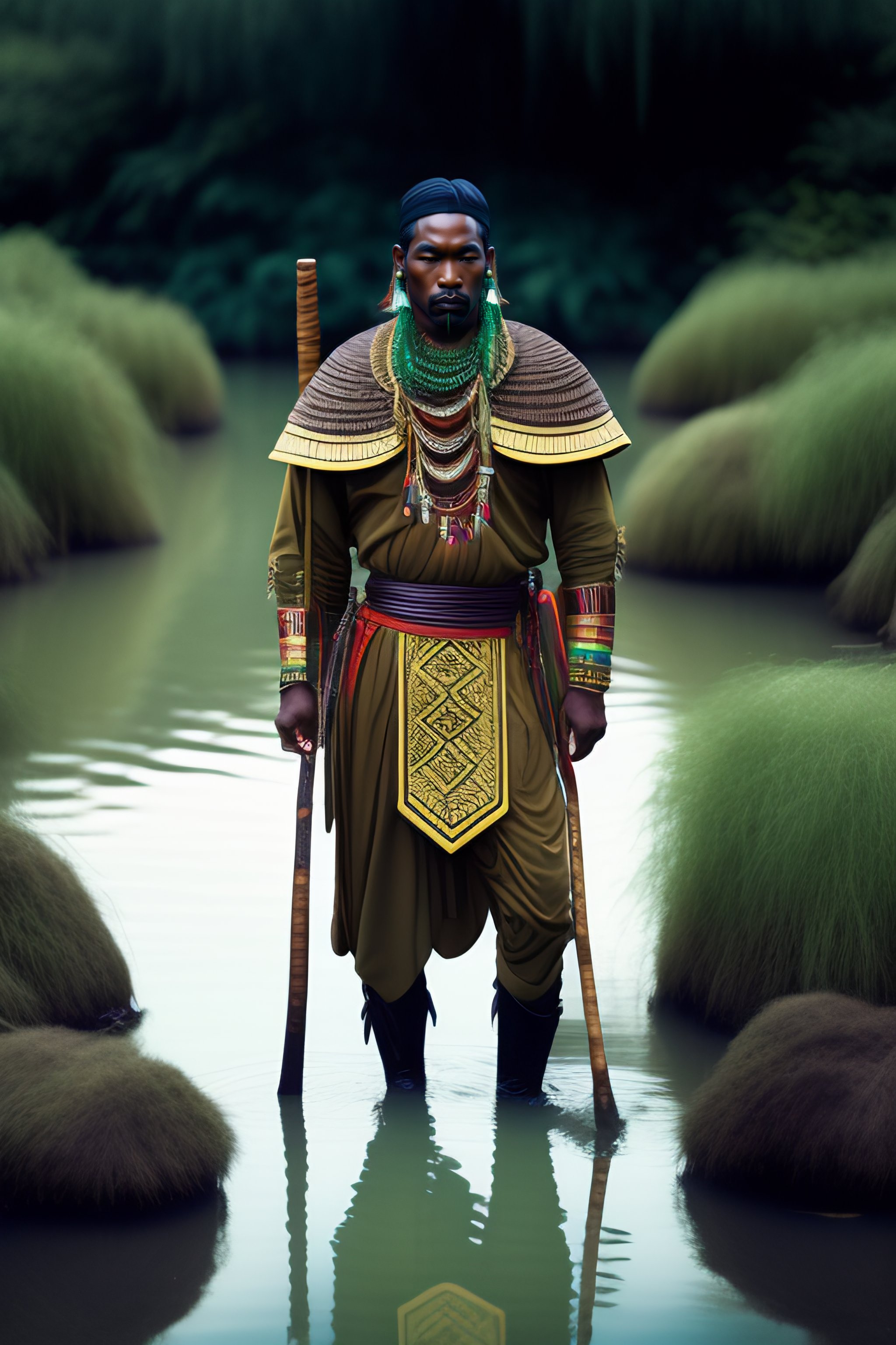 Lexica - Turtle-man standing in a swamp, wearing a tribal outfit, a ...