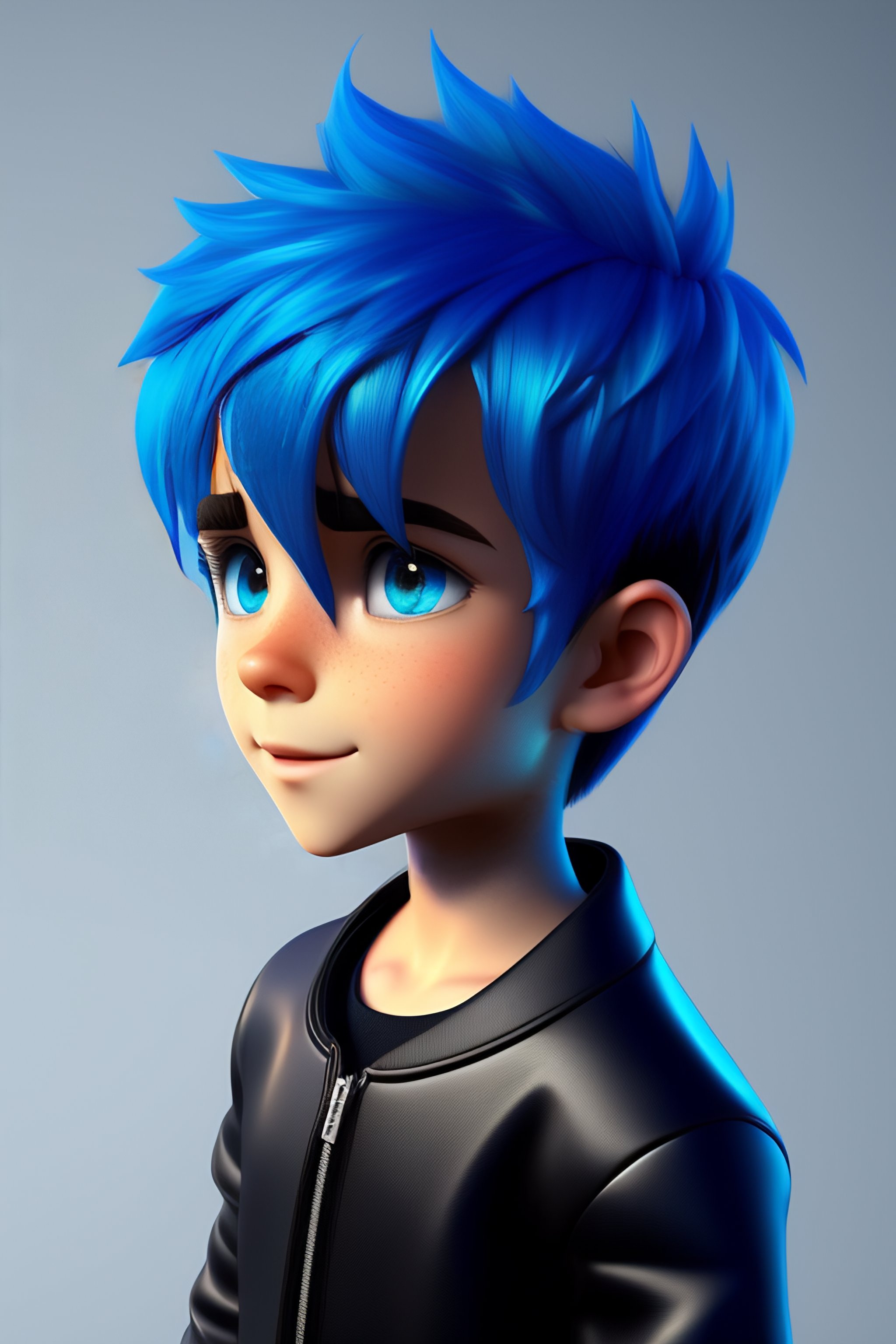 Lexica - Blue hair boy in black zipper top, pixar style, 3d style ...