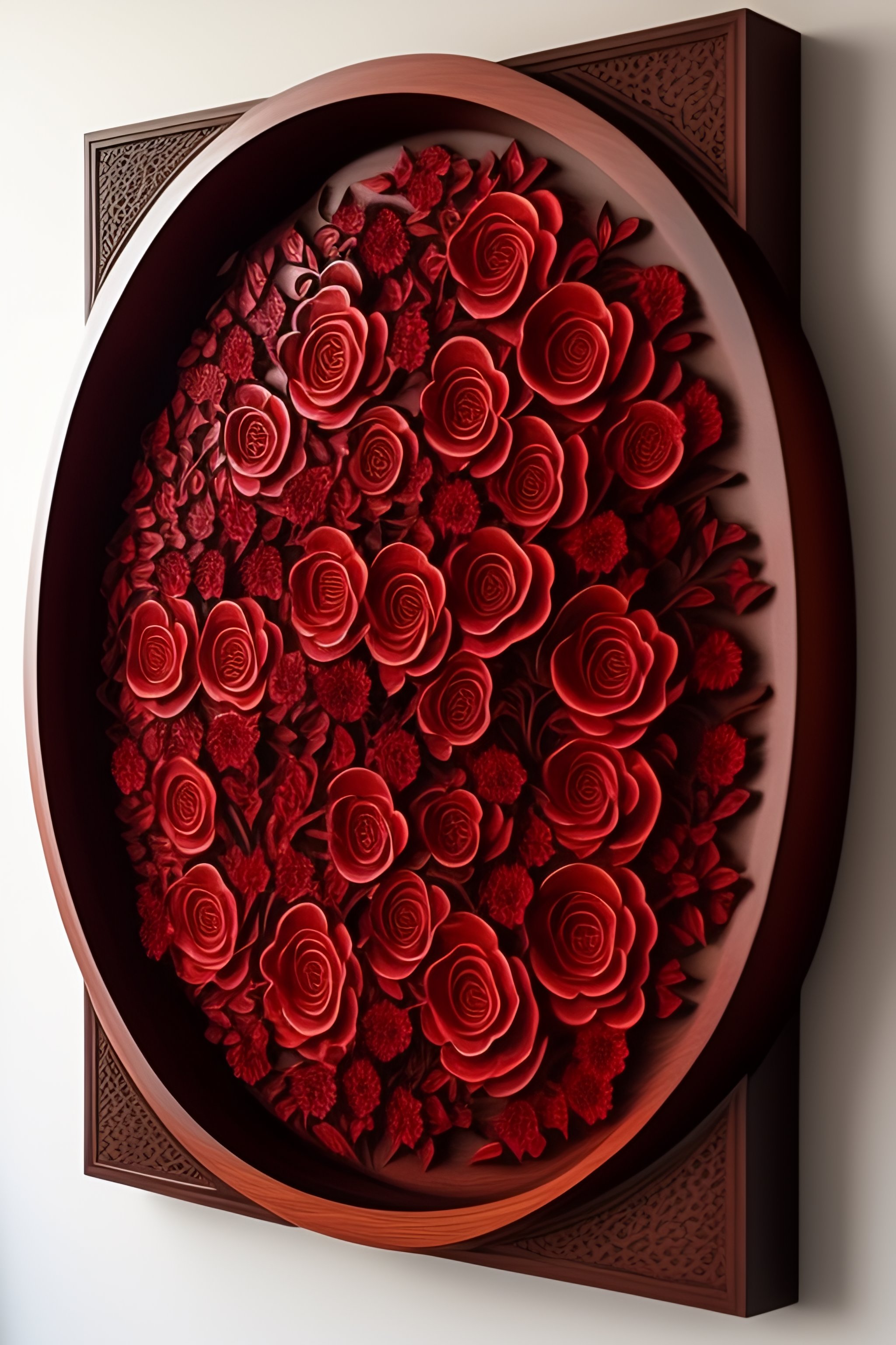 Lexica - Red roses surronded by circular arrangment of leaves, carved ...