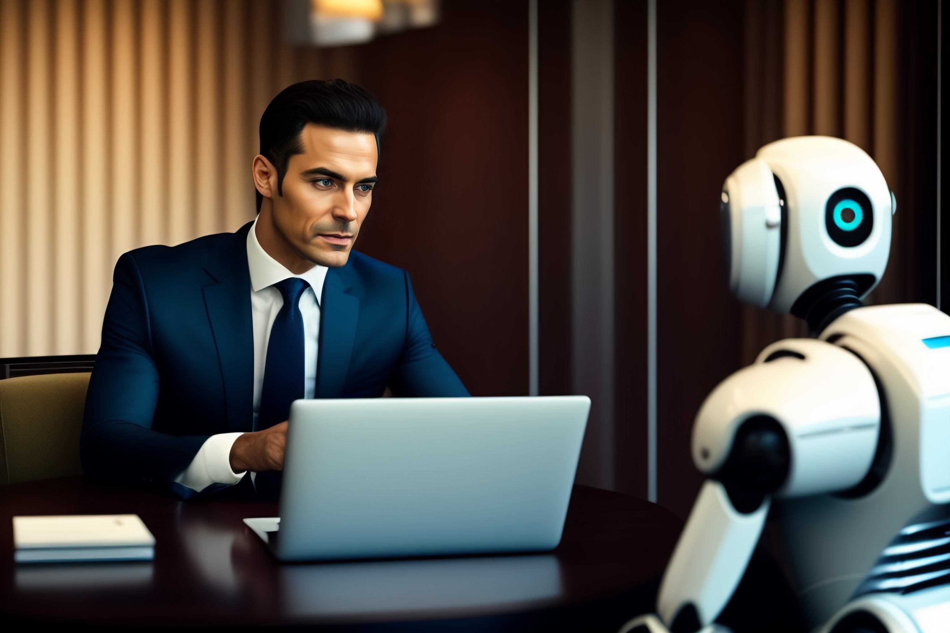 Lexica - A man in a suit talk with a robot with a computer