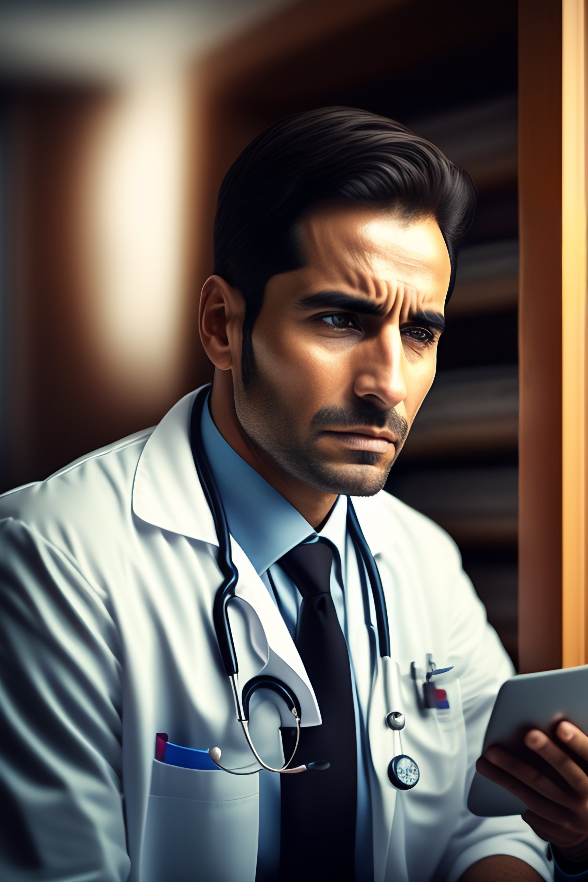 Lexica - Desperate face doctor overwhelmed in the medical center