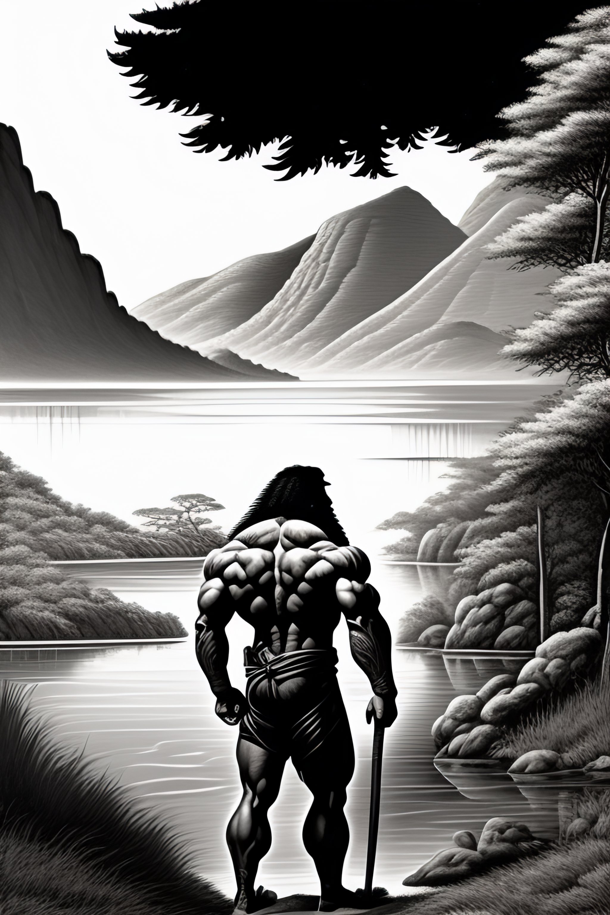 Lexica - Landscape drawing of a muscular caveman with spear standing in ...