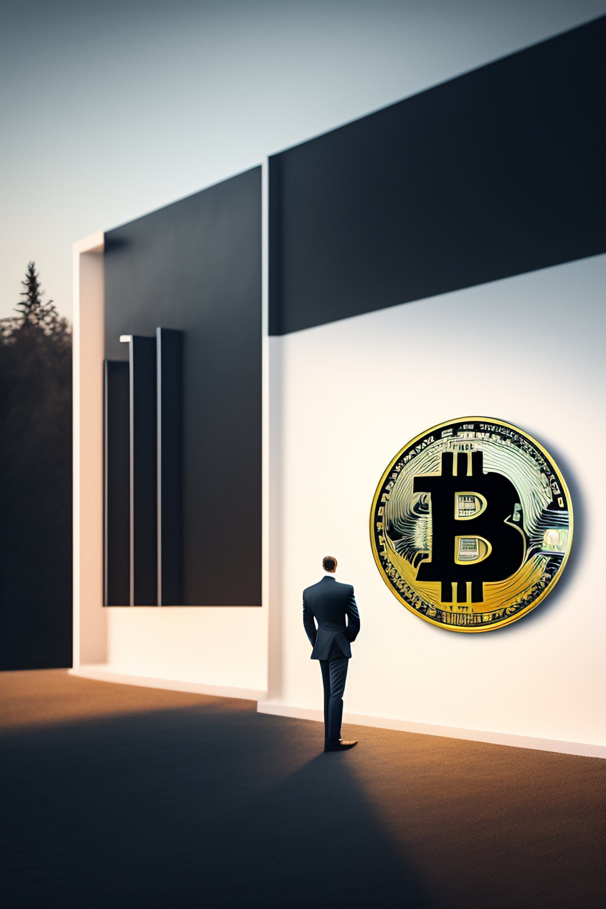 Lexica - Create bitcoin logo on a white wall next to a mansion in a ...