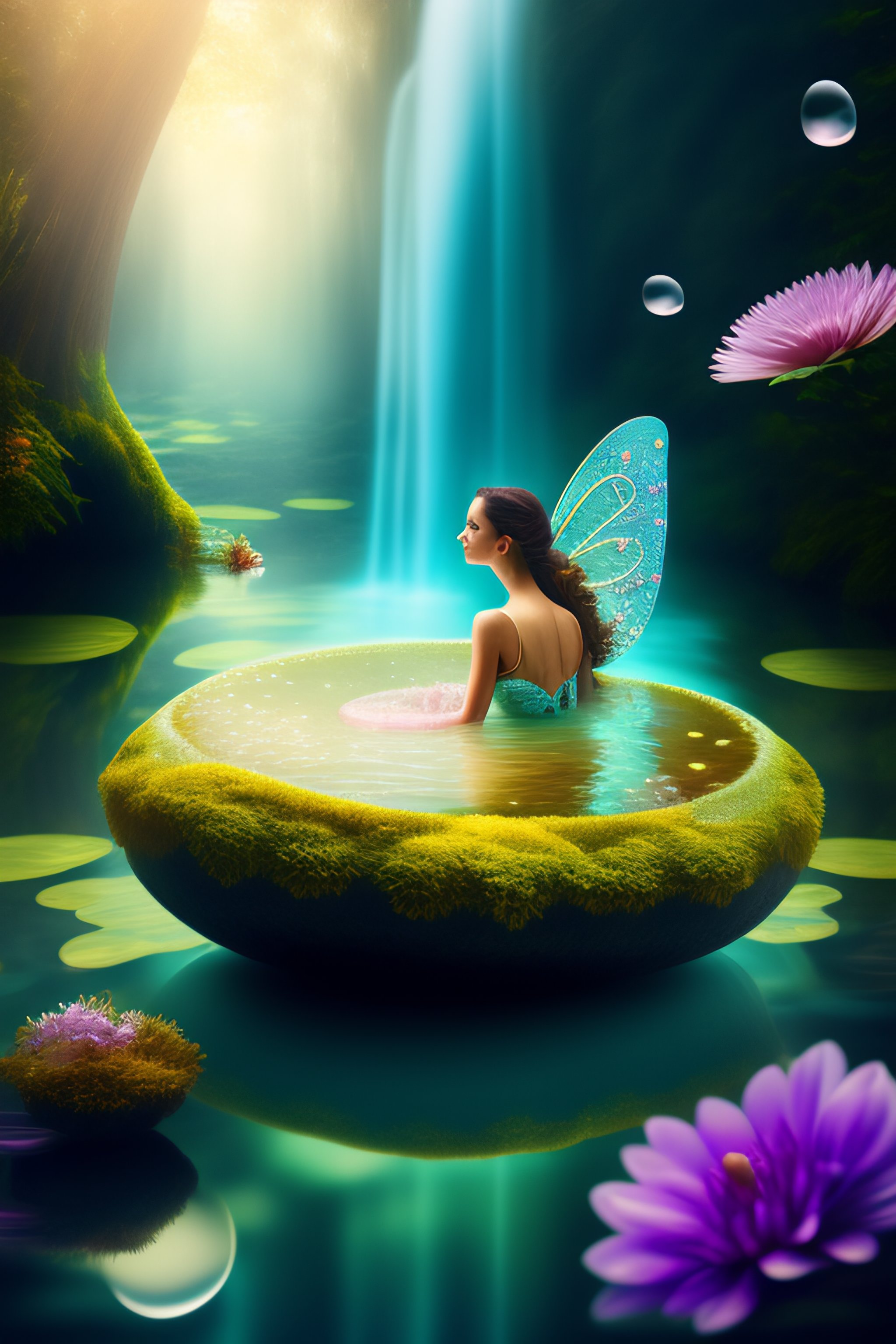 Lexica - A fairy bathing in a teacup that is floating down a bubbling ...
