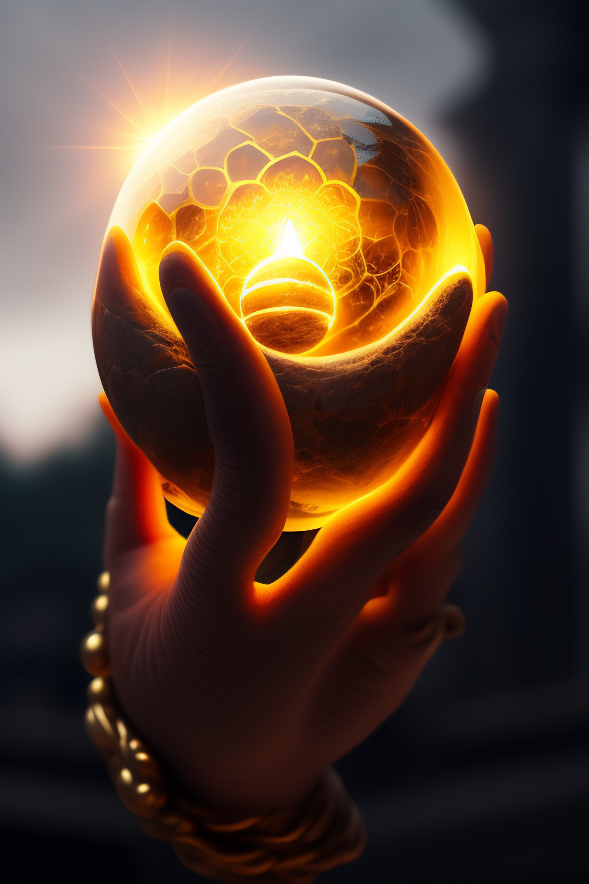 Lexica - A dragon hand made of stone holding a orb of bright light