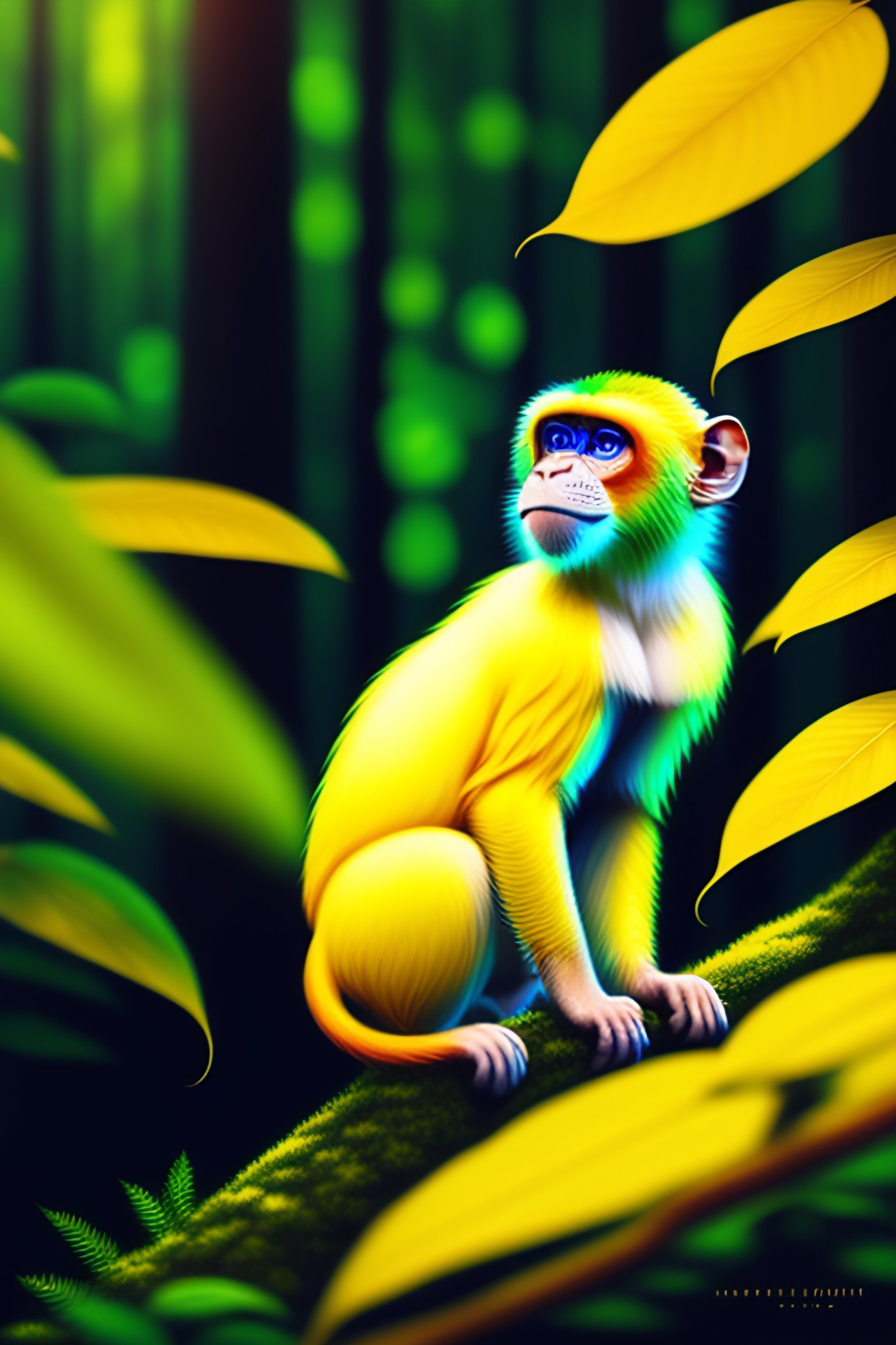 Lexica - Bir white monkey looking up, in a yellow leaves forest ...