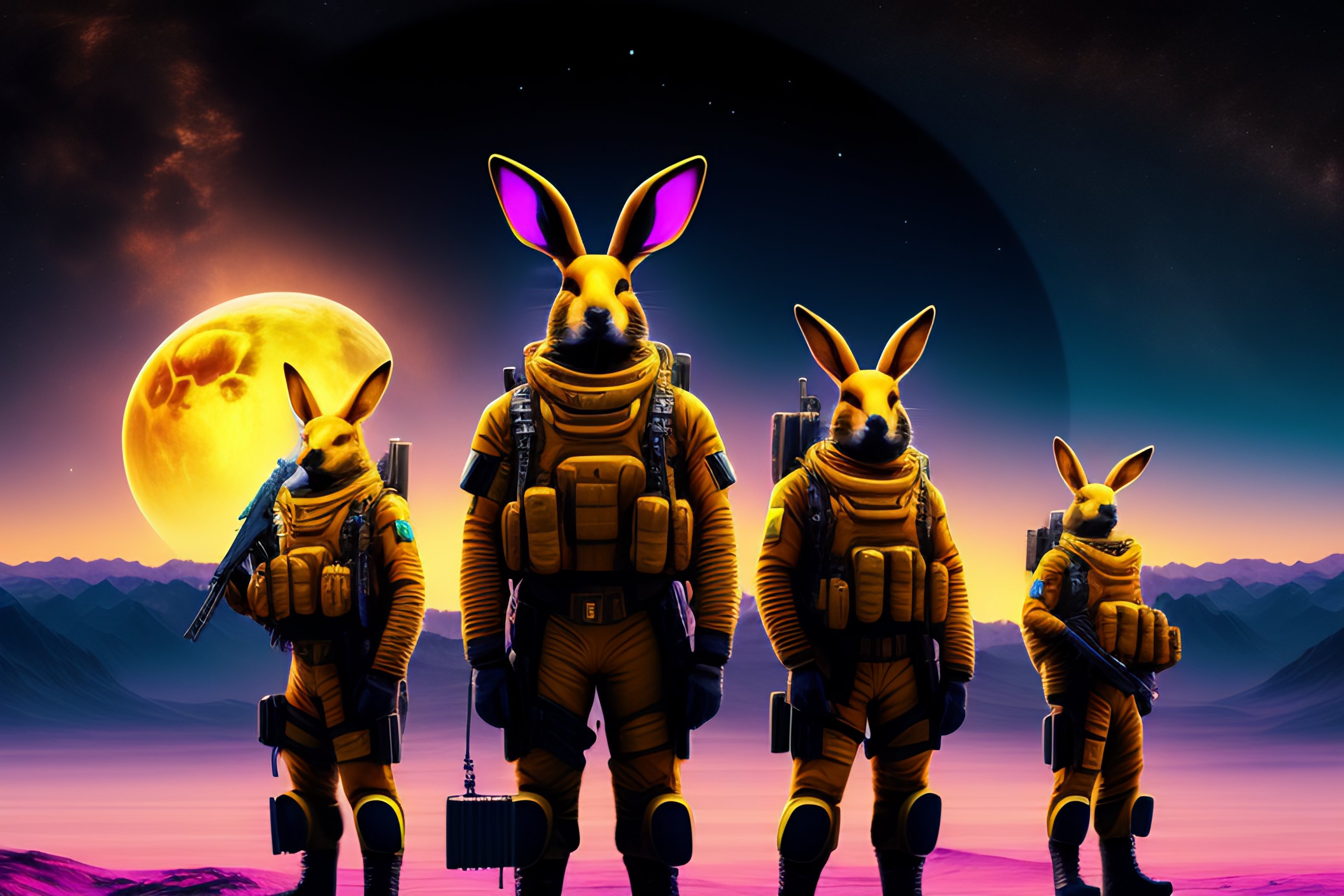 Lexica - Five neon rabbits from the special forces unit, dressed in ...
