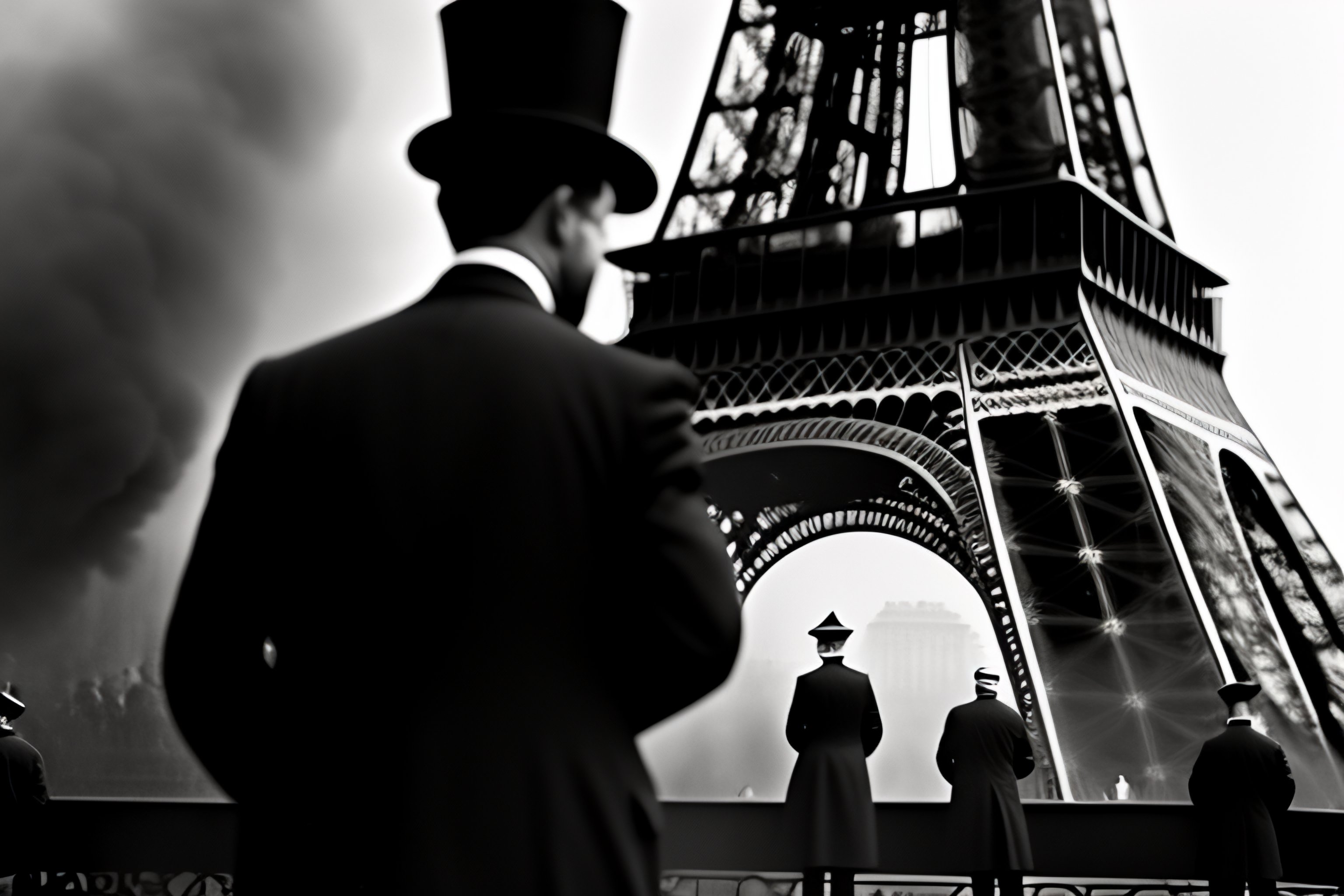 Lexica - Old black and white photo of the Eiffel tower being set on ...