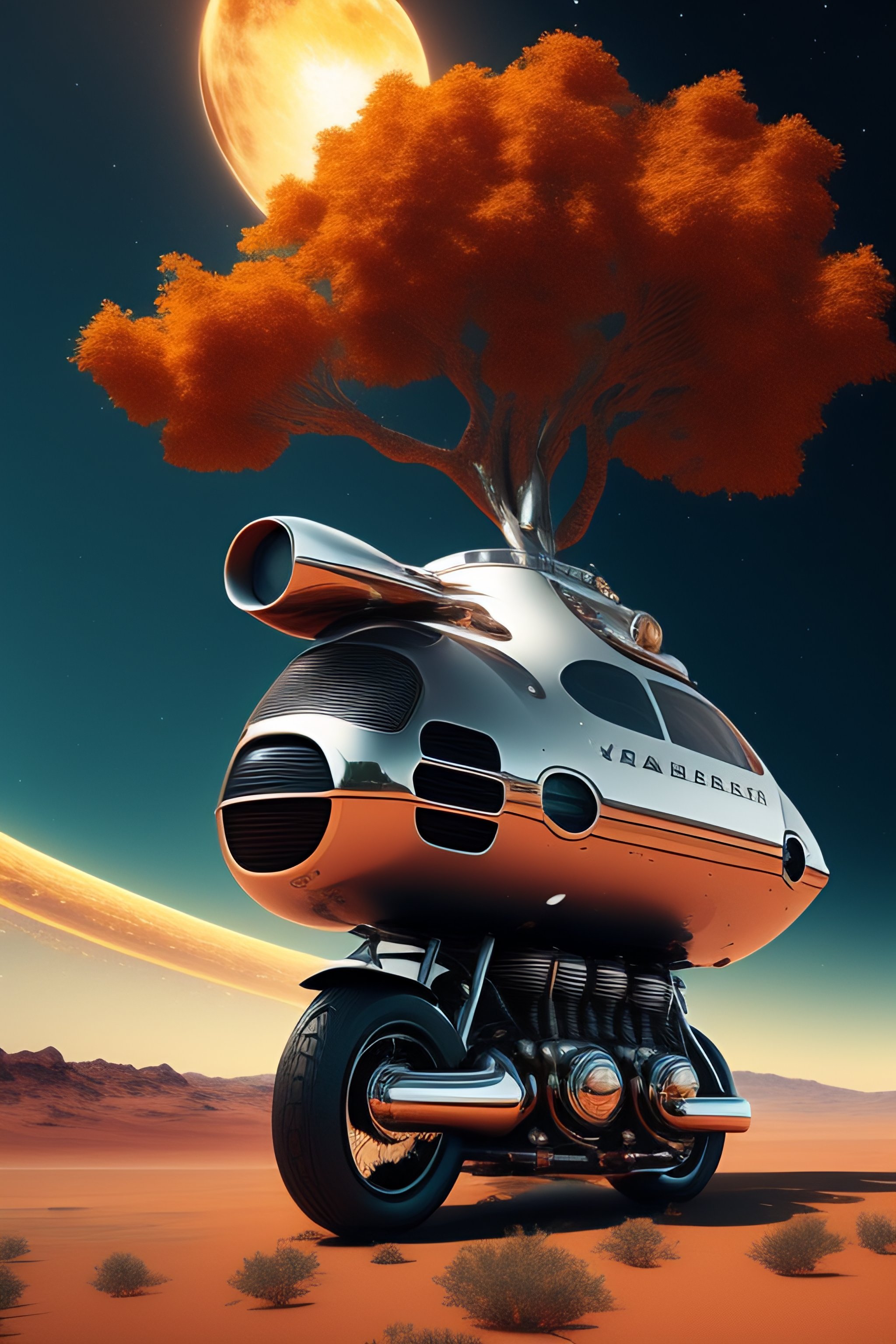 Lexica - One motorcycle with rocket boosters on top of a maple tree on mars