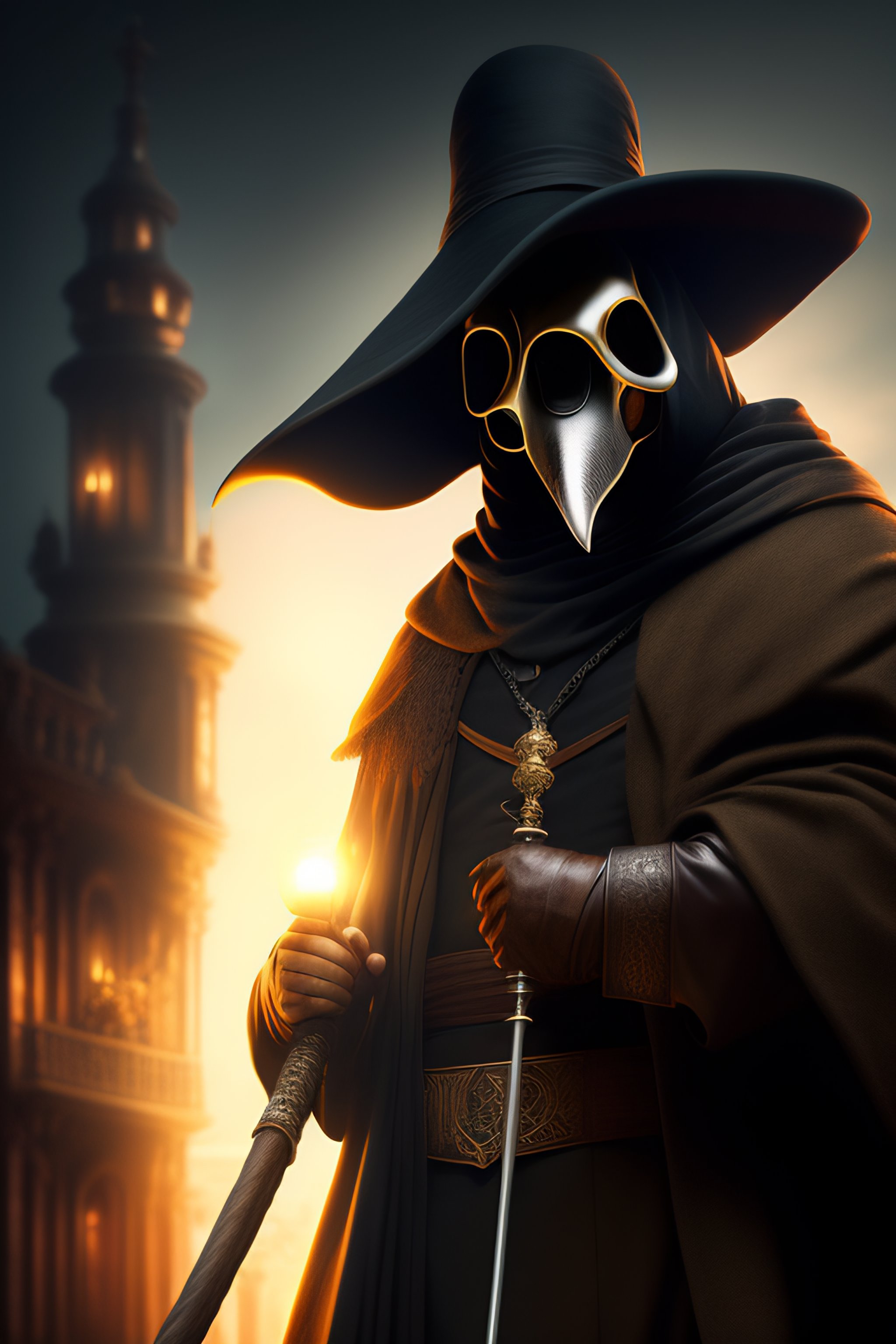 Lexica - A plague doctor holding a staff in one hand and a skull in the ...