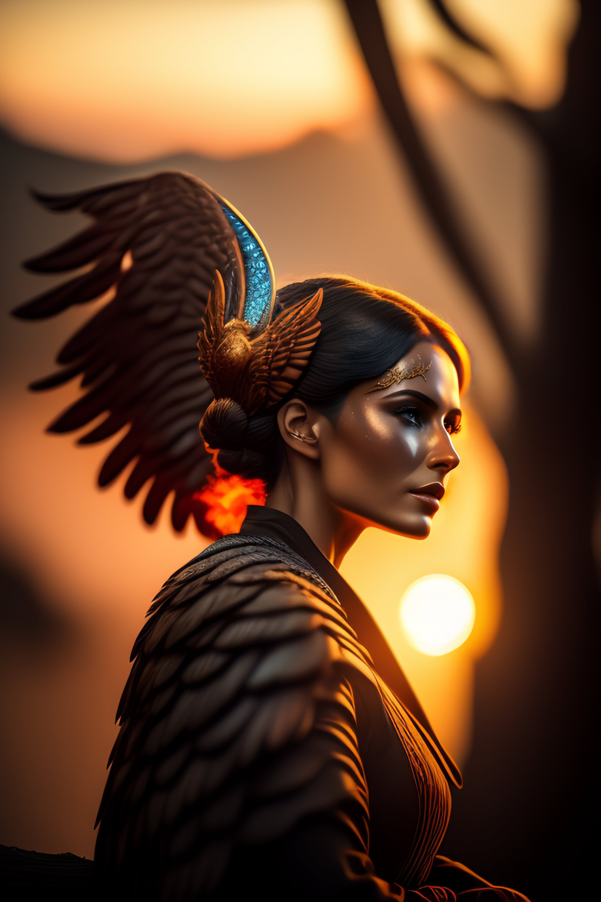 Lexica - A woman in the form of a phoenix bird, sitting on a tree ...