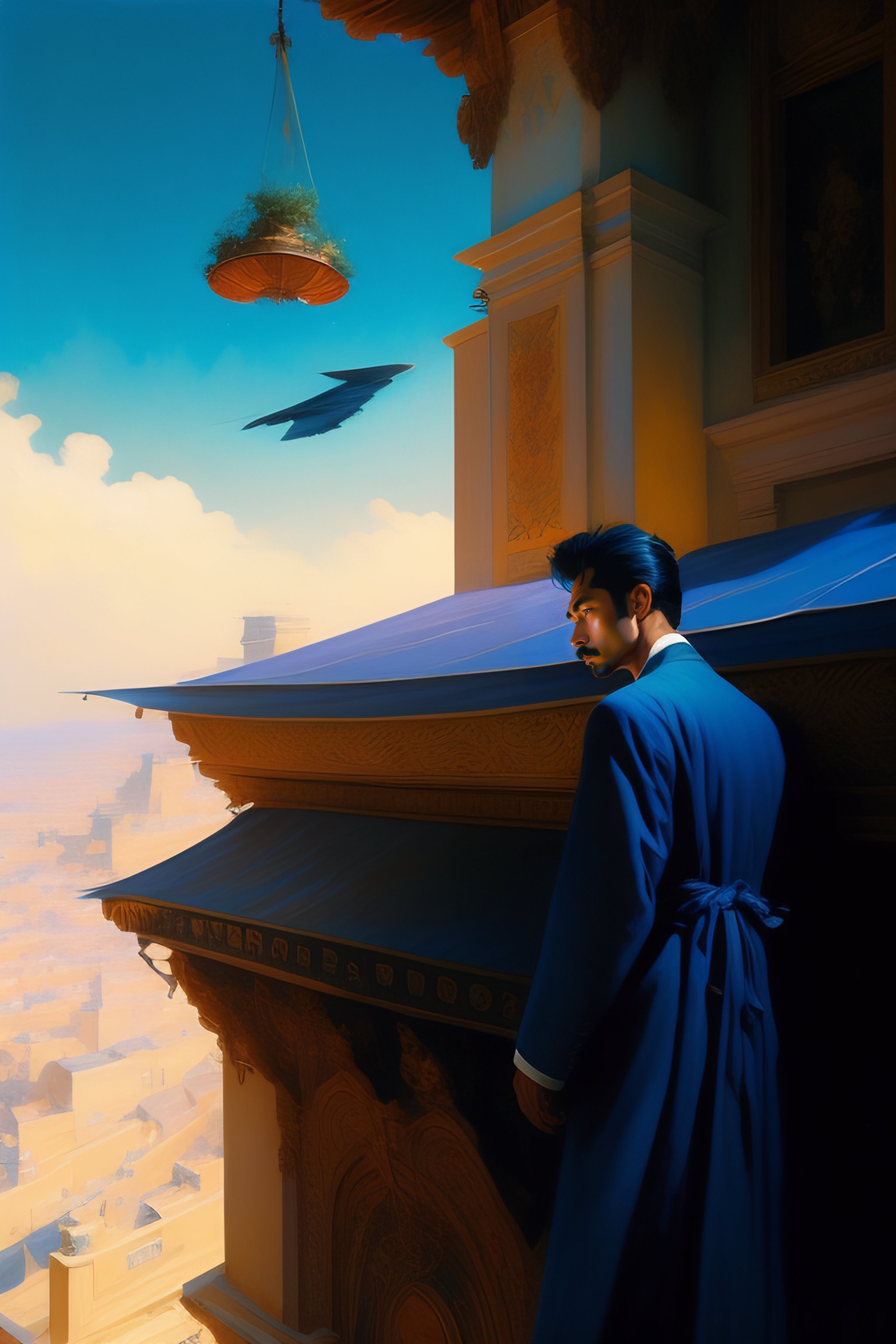 Lexica - A man with a blue robe hanging upside-down FROM THE ROOF by tsuyoshi nagano, greg ...