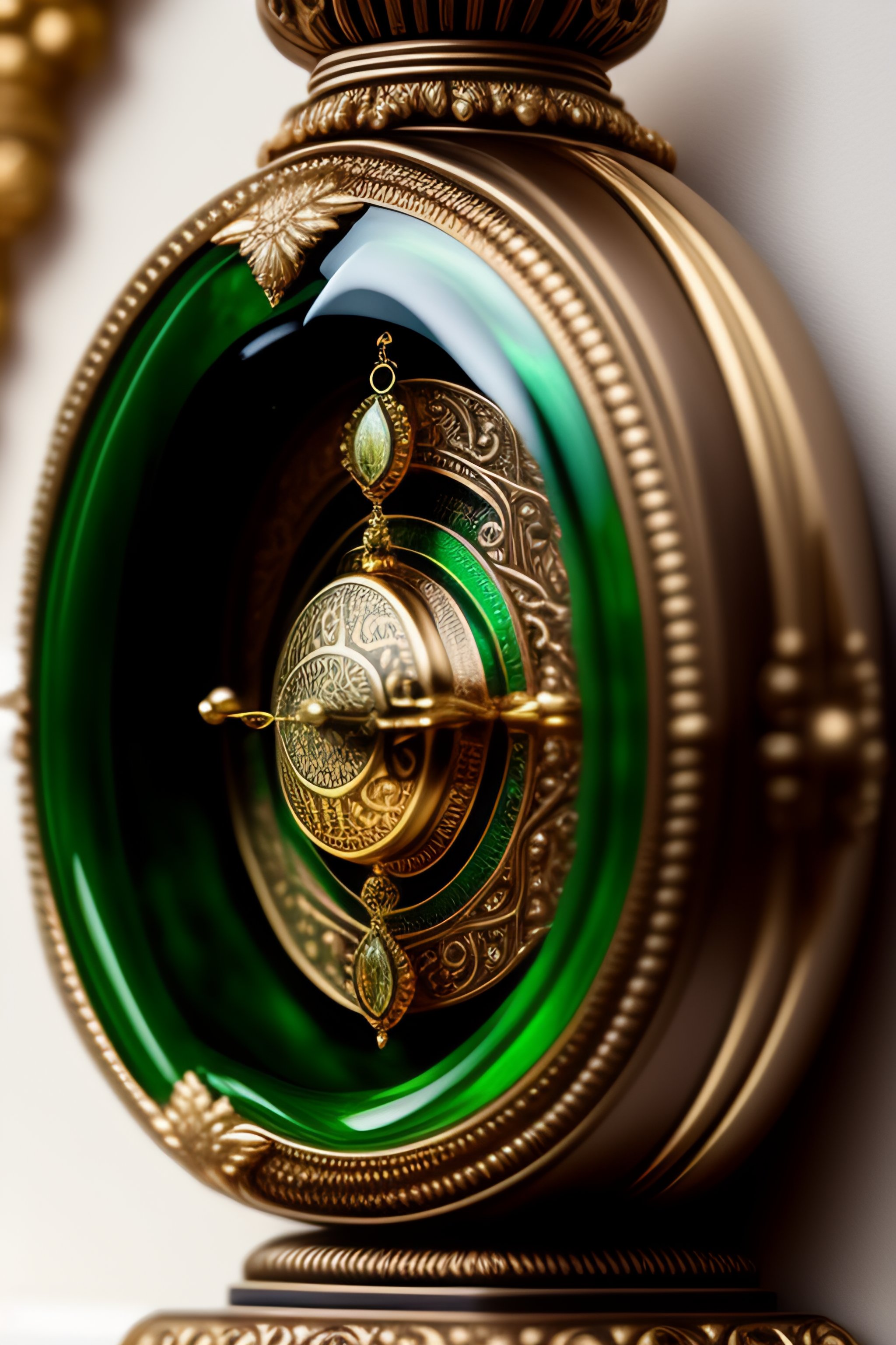 Lexica - Intricate clock decoration with emerald belly and ruby etched ...