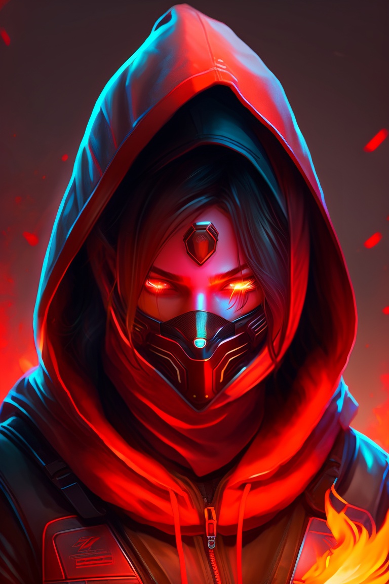 Lexica - Female character, hood, cyberpunk, red neon, mask, dark, eyes ...