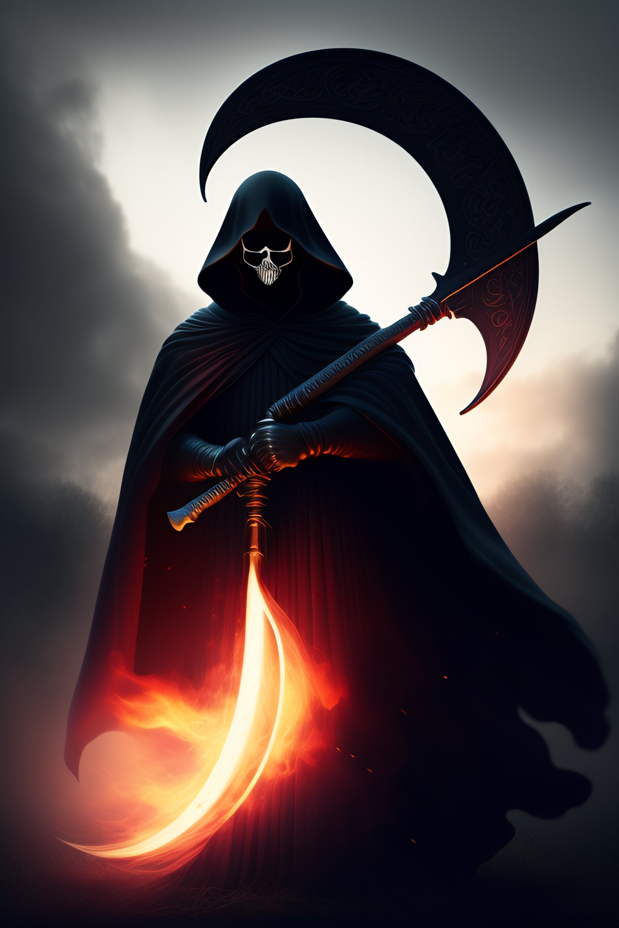 Lexica - Black cloaked dark silhouette holding a grim reaper scythe