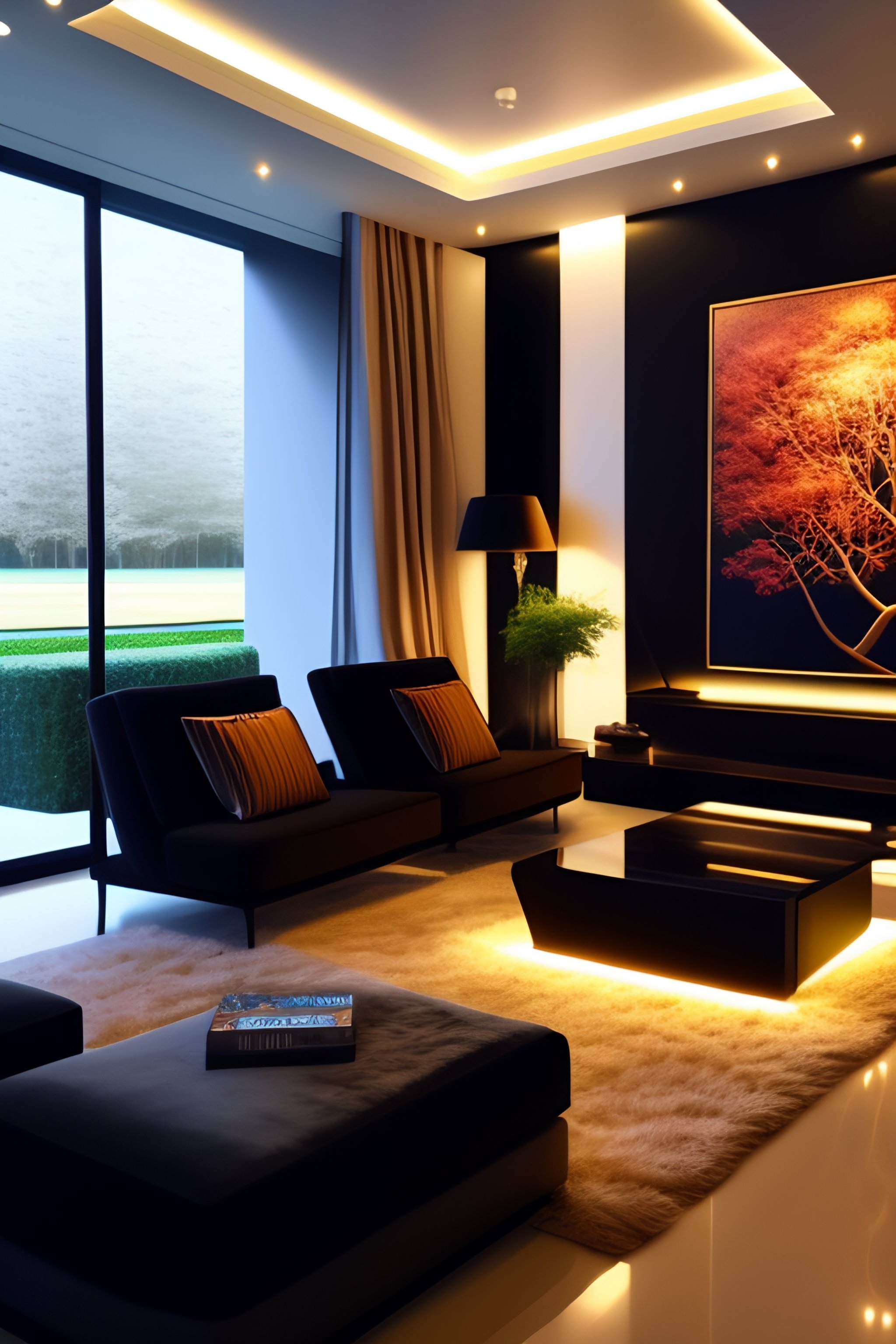 Lexica - A luxury house surrounded by LED lights, seats, coffee table ...