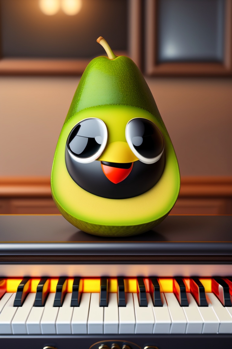 Lexica - Avocado fruit with eyes and wears a hat,plays the piano