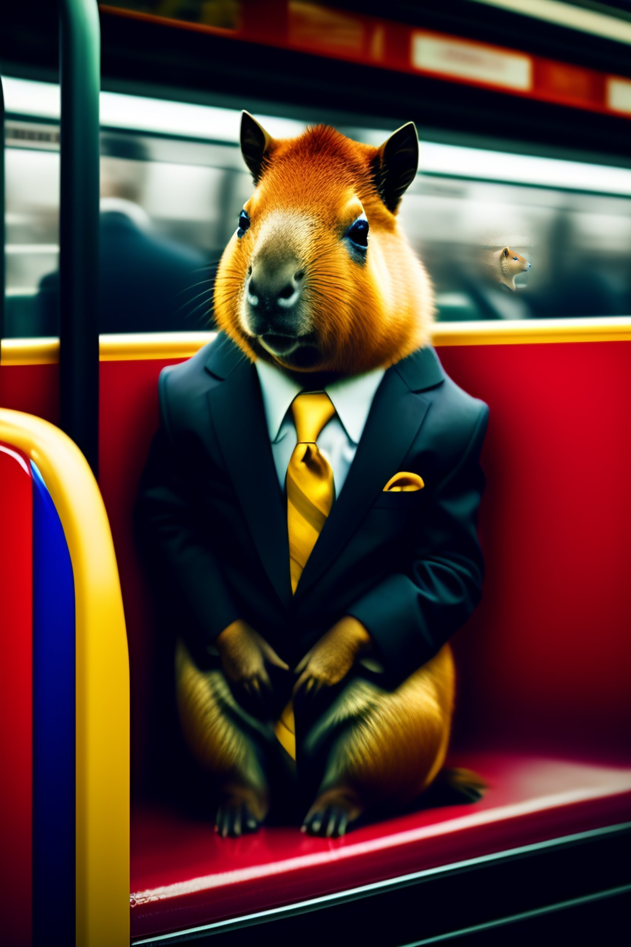 Lexica - Cute Capybara wearing a suit sitting in the London Underground