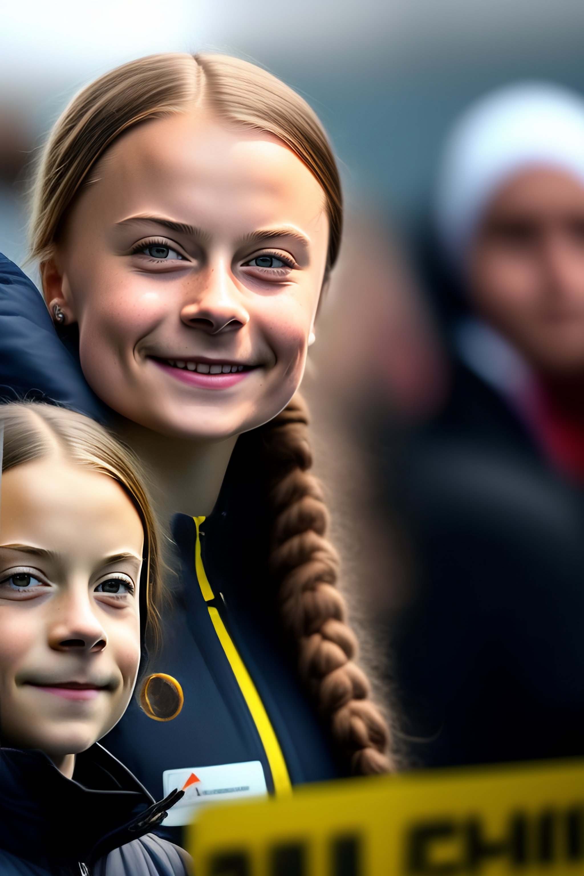 Lexica - Smiling greta thunberg with a factory with smoke