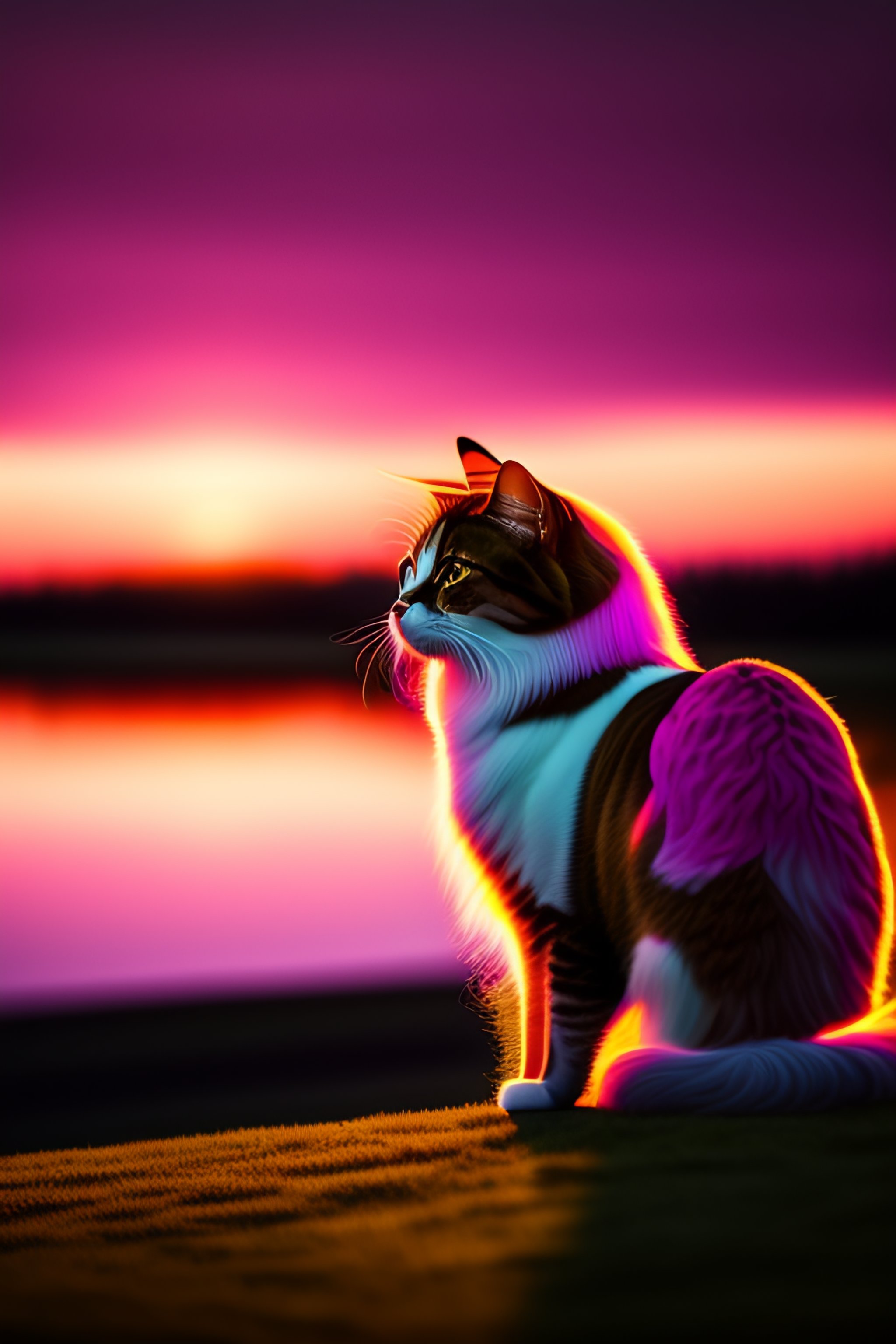 Lexica - A pink longhaired cat watching the sunset
