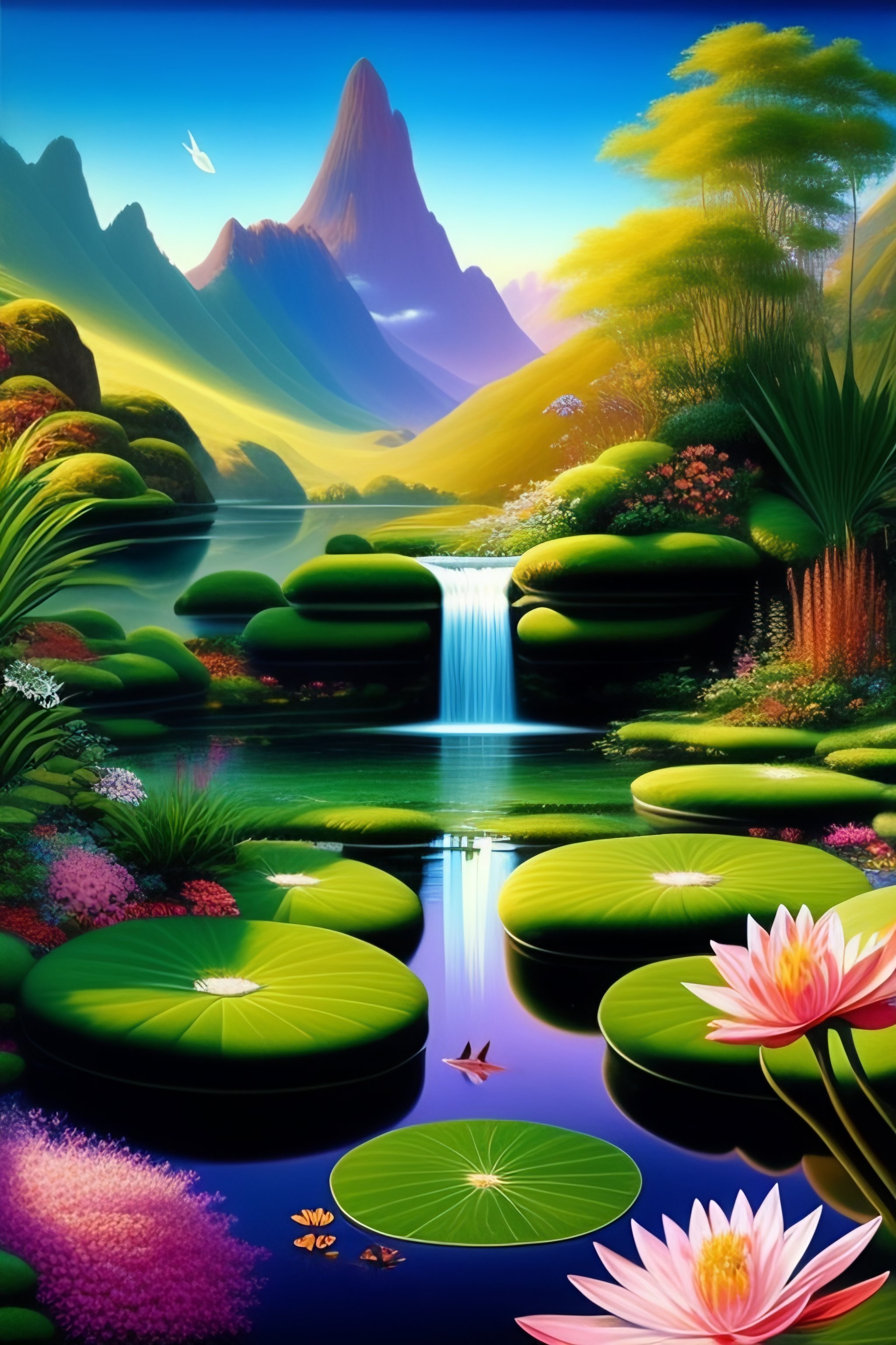 Lexica - Tropical flower garden, oasis, stream, pond, lilly pads, lotus ...