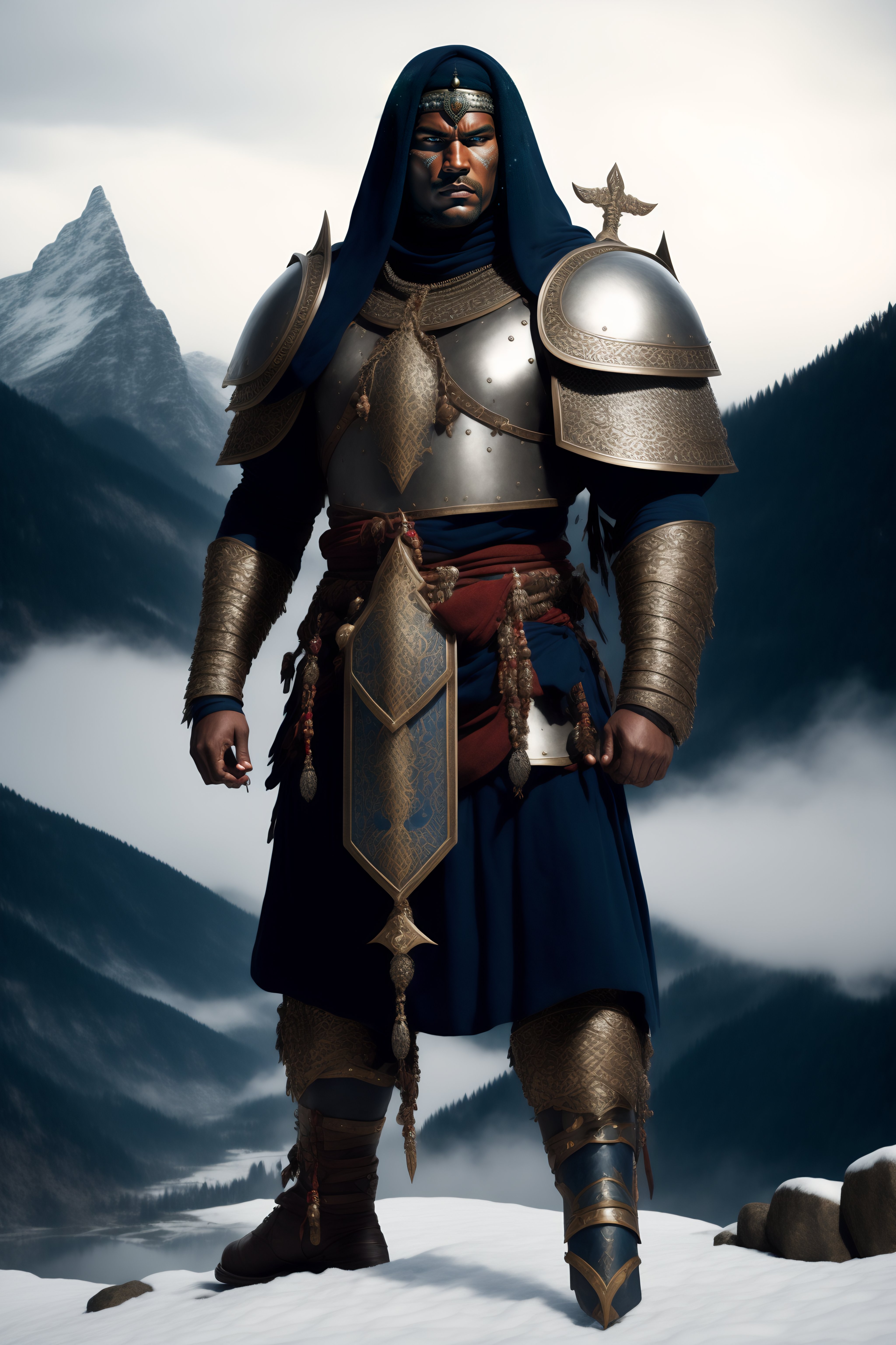 Lexica - 8 feet tall, skin as white as cloud, burly, rugged Goliath with intricate chain mail ...