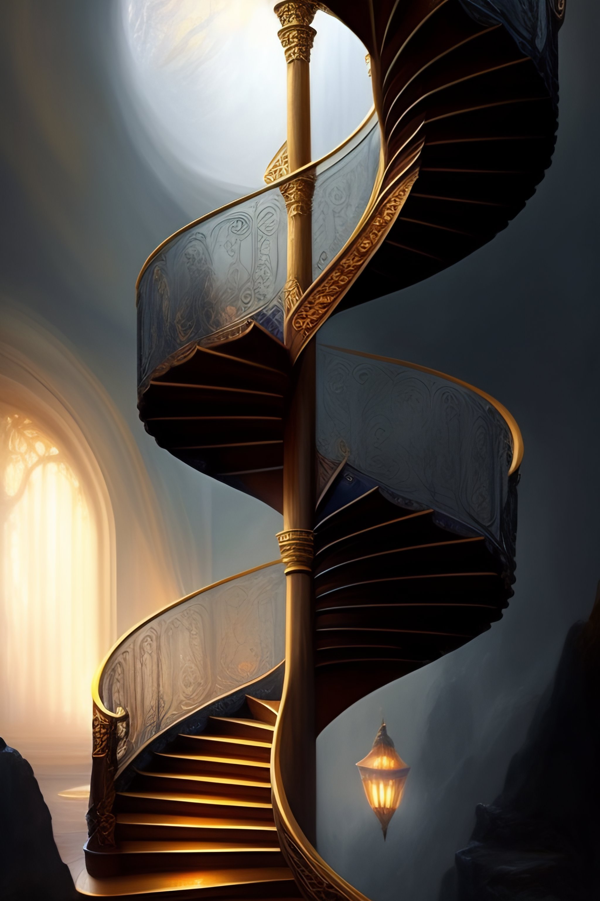 Lexica - Spiral stairway leading upwards to a magical realm, floating ...